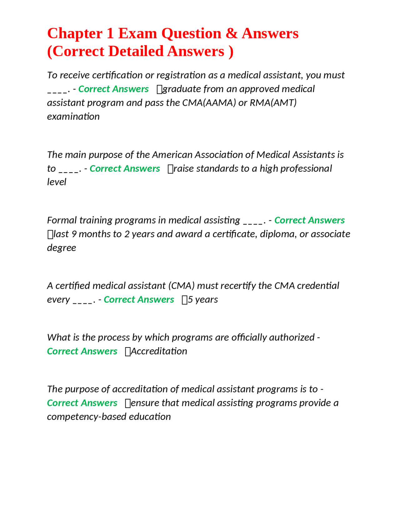 Medical Assisting Exam Questions and Answers: Chapter 1 | Exams Nursing ...