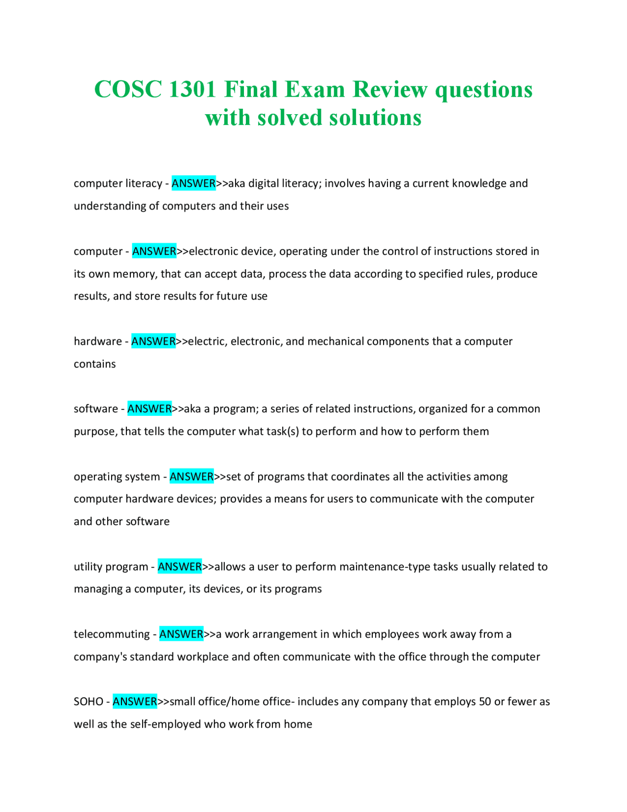 COSC 1301 Final Exam Review: Computer Literacy and Hardware/Software Concepts | Exams Nursing ...