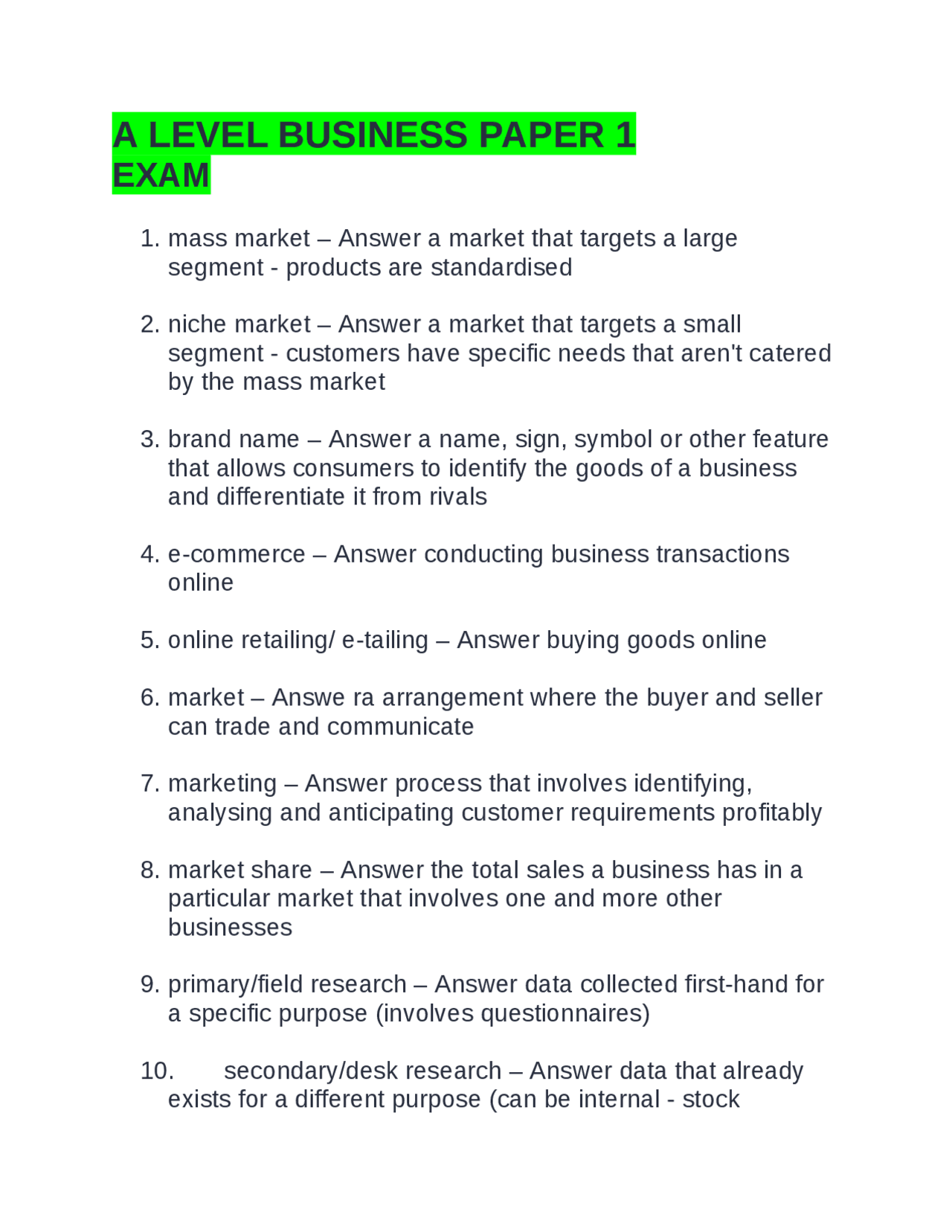 A LEVEL BUSINESS PAPER 1 EXAM | Exams Business Economics | Docsity