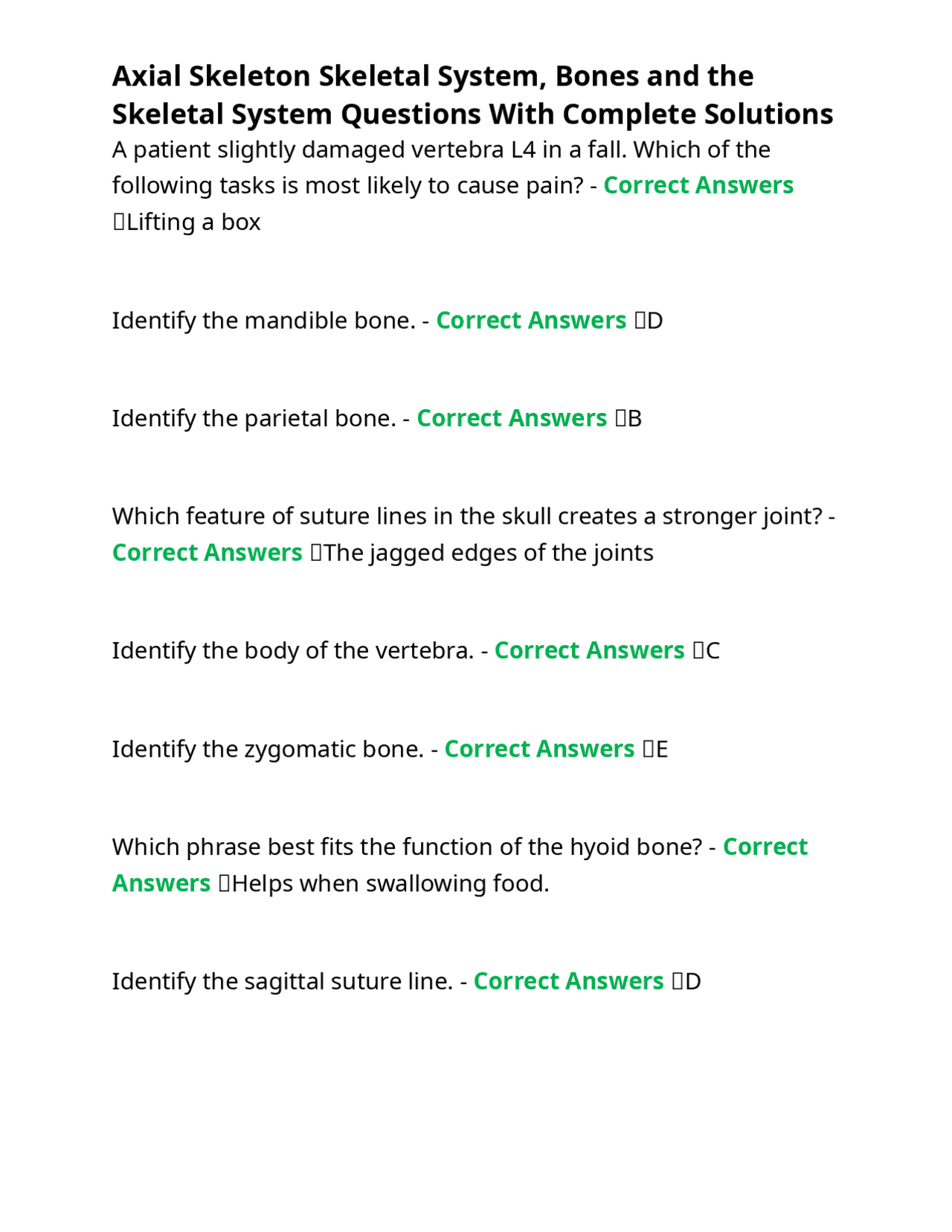 Axial Skeleton Skeletal System, Bones and the Skeletal System Questions ...