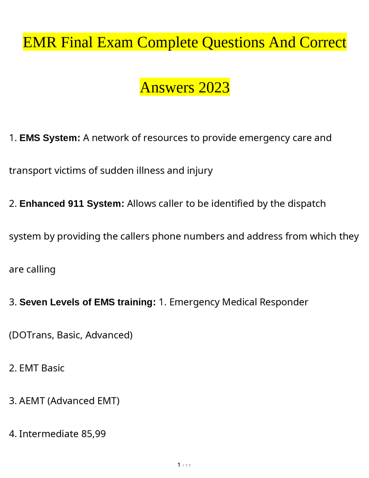 EMR Final Exam: Complete Questions and Answers 2023 | Exams Community ...