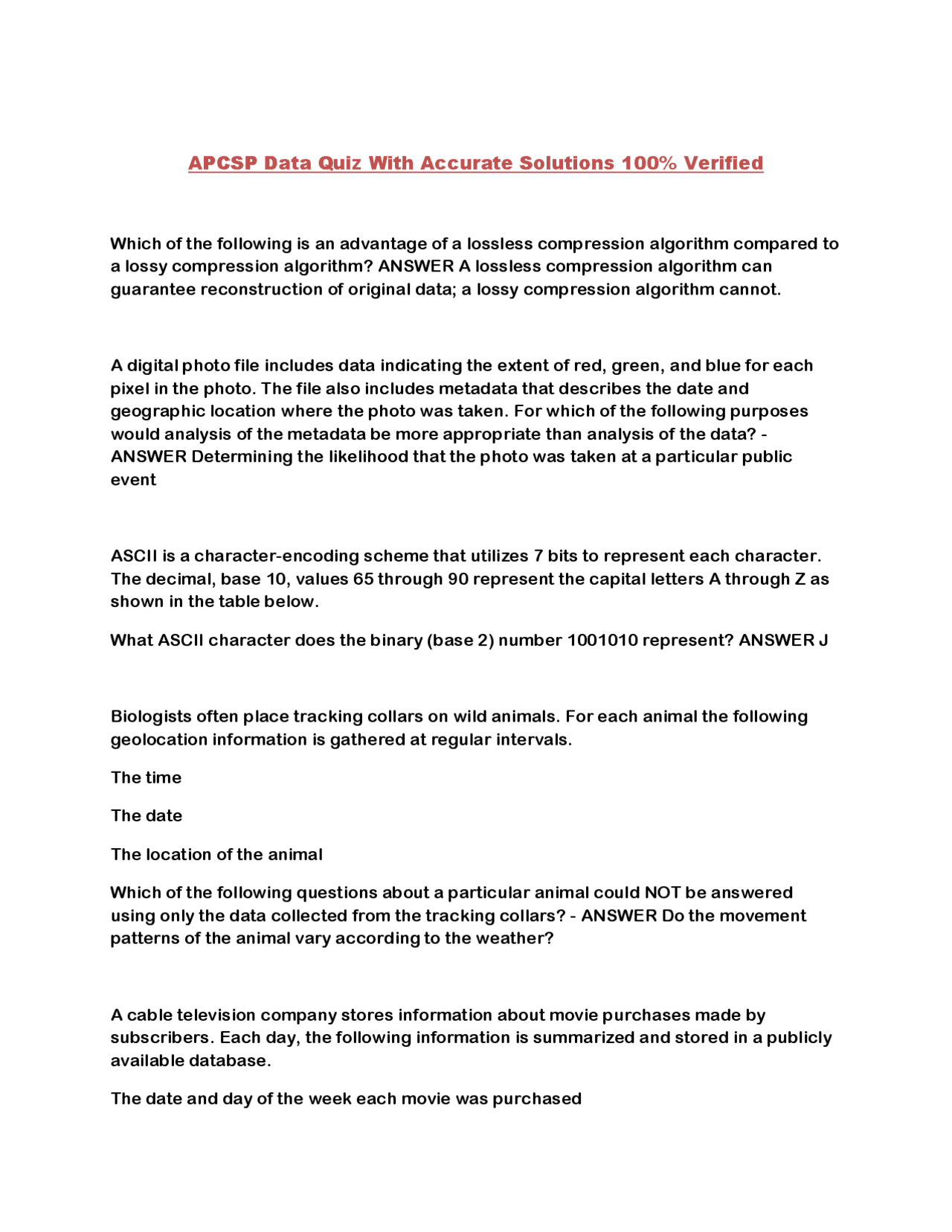 APCSP Data Quiz: Exercises and Solutions for Computer Science Students ...