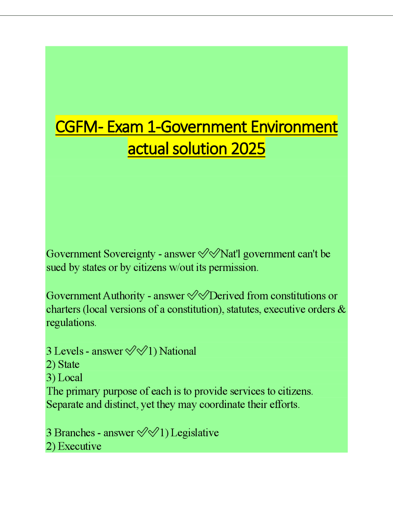 CGFM - Exam 1-Government Environment actual solution 2025.pdf | Exams Nursing | Docsity