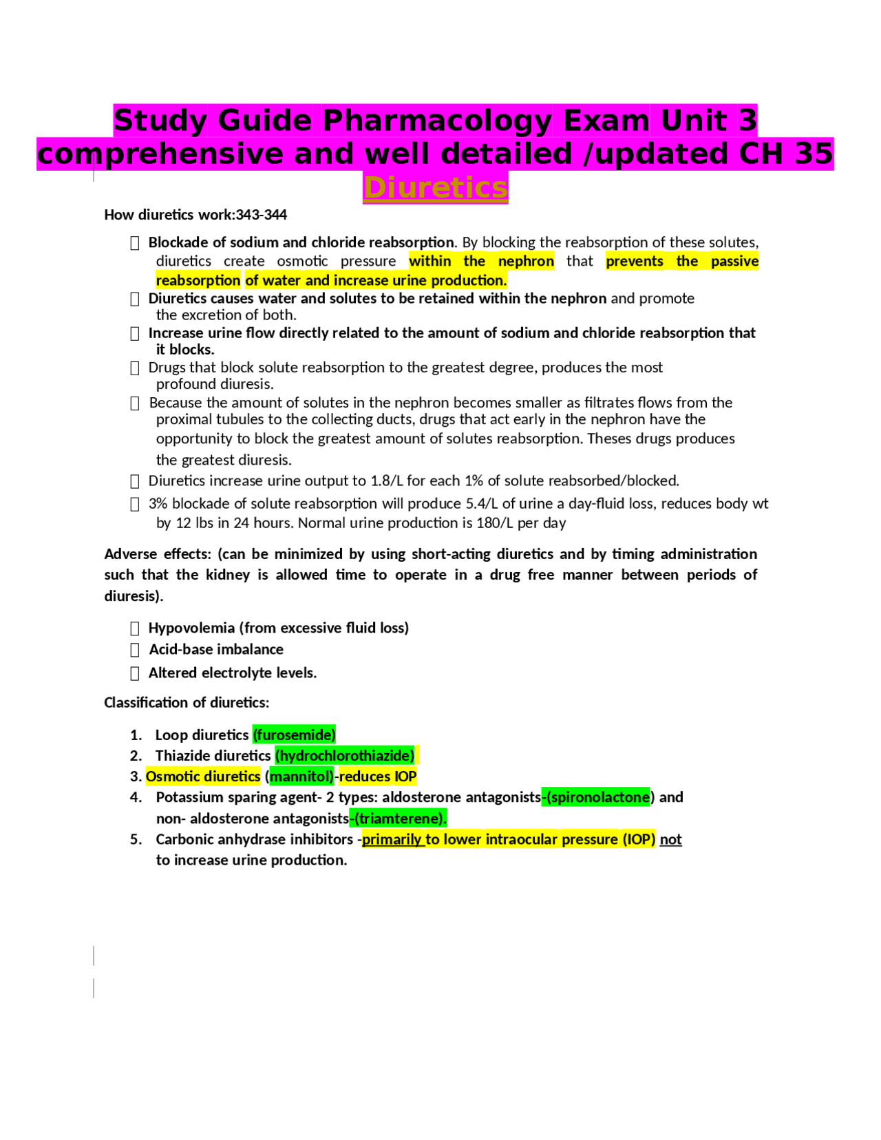 Study Guide Pharmacology Exam Unit 3 comprehensive and well detailed /updated CH 35 Diuret ...