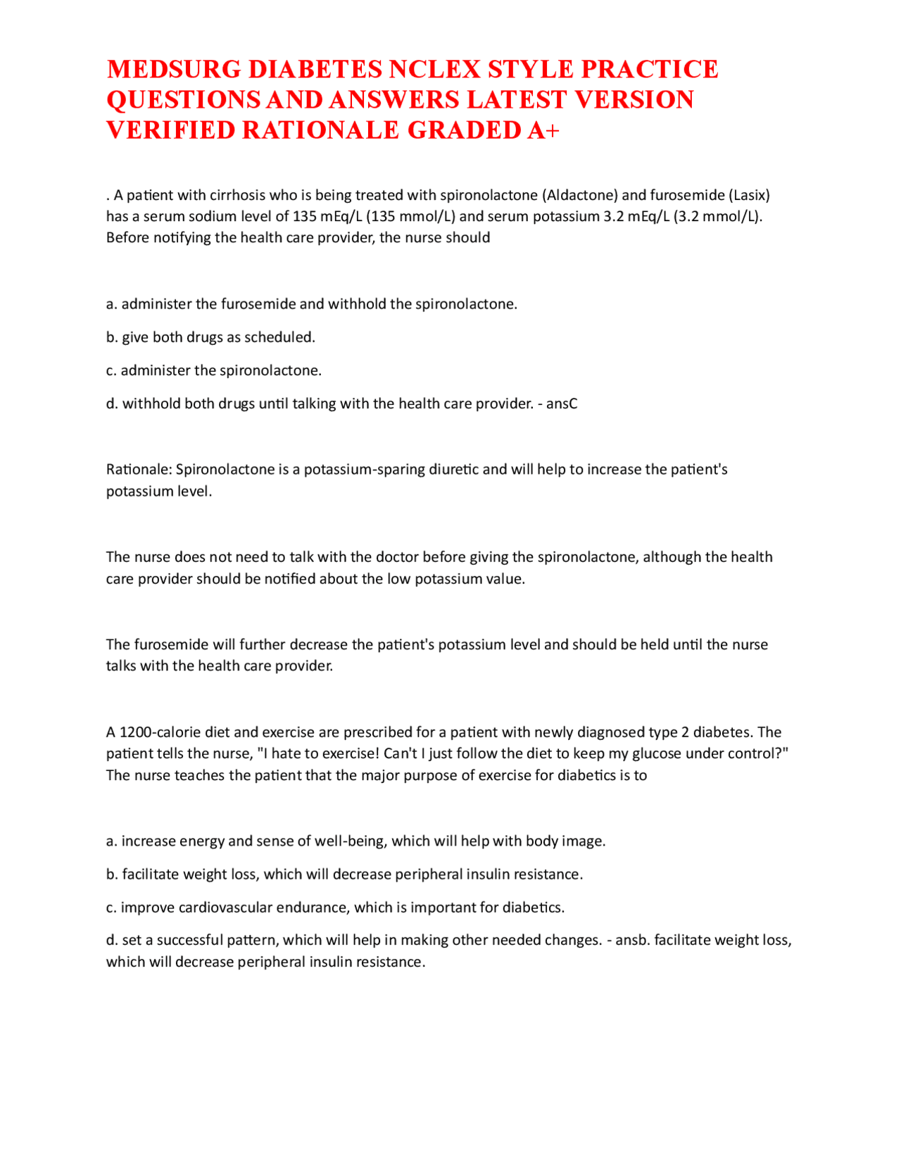 MEDSURG DIABETES NCLEX STYLE PRACTICE QUESTIONS AND ANSWERS | Exams ...