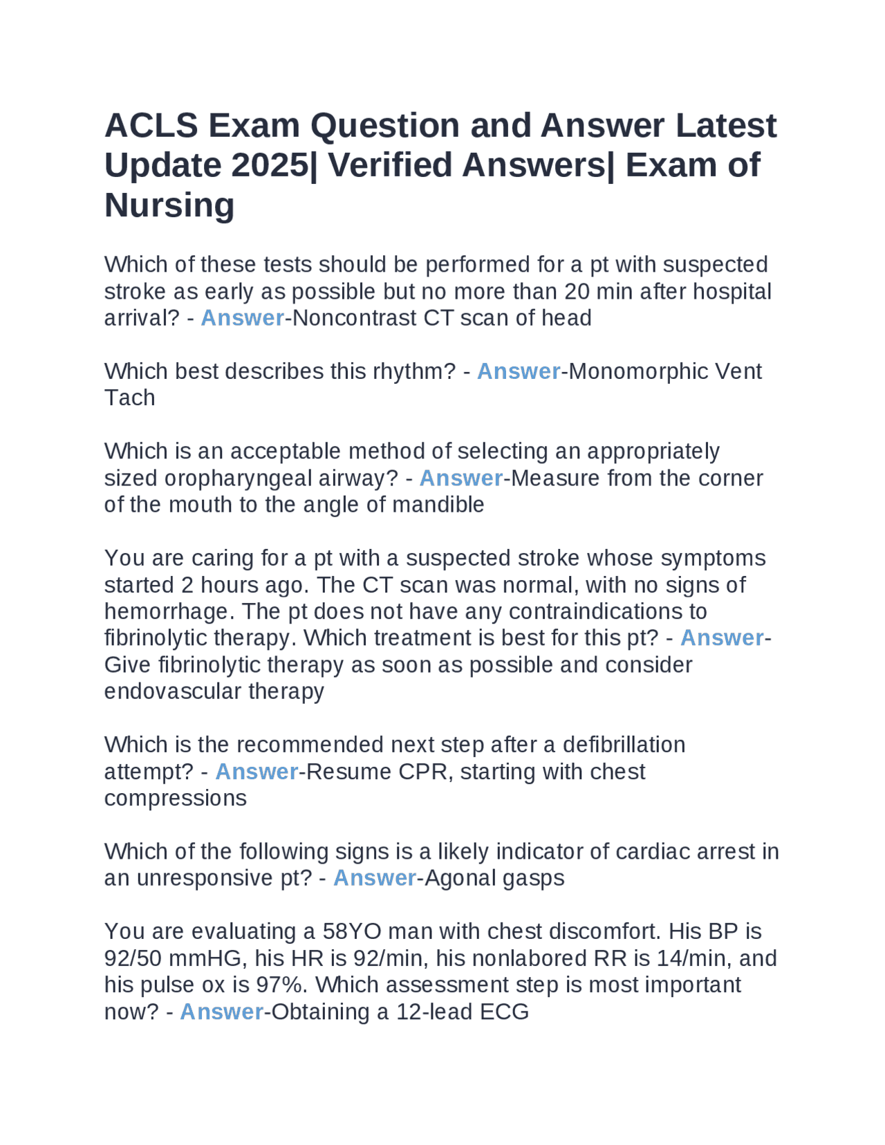 ACLS Exam Questions and Answers: Latest Update 2025 | Exams Nursing ...