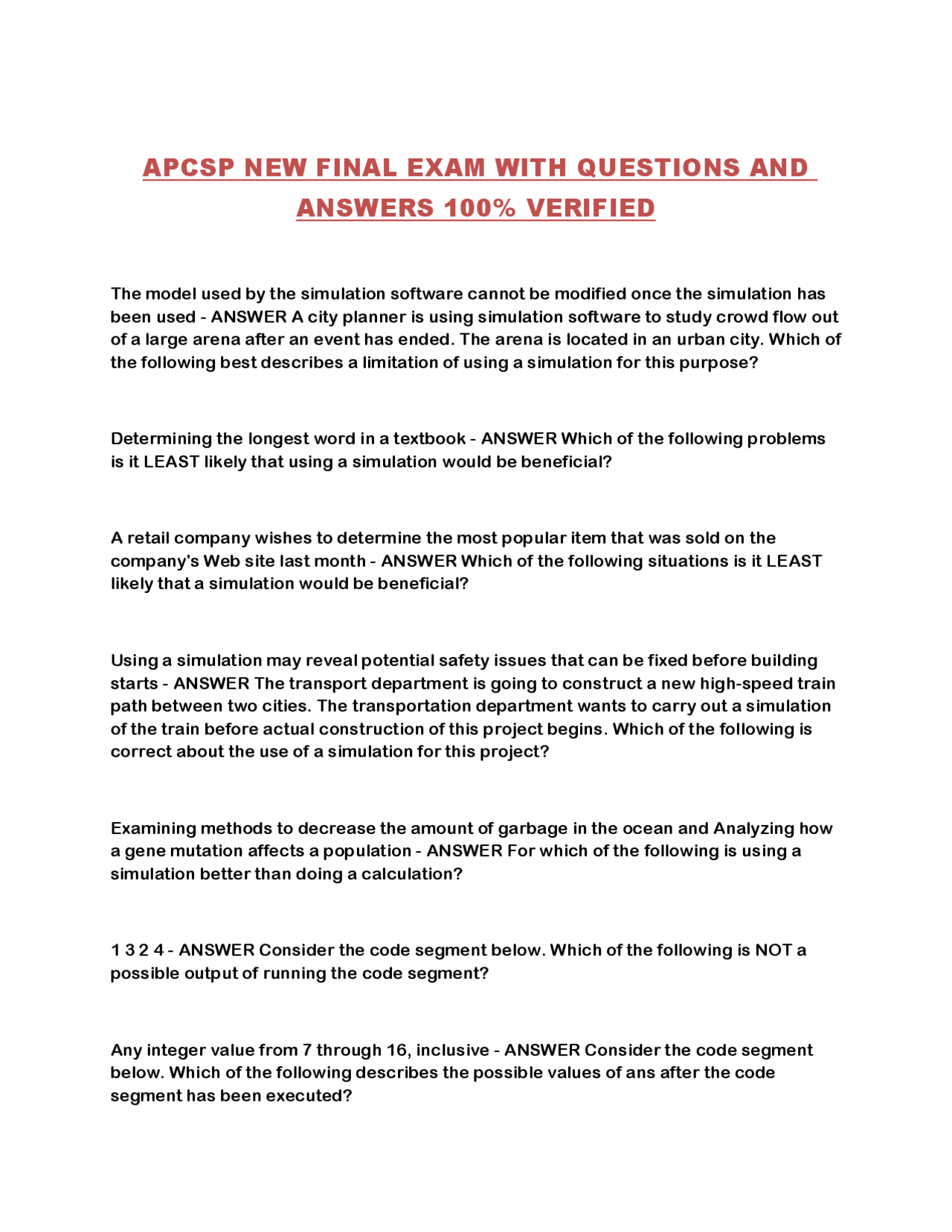 APCSP New Final Exam with Questions and Answers | Exams Advanced ...
