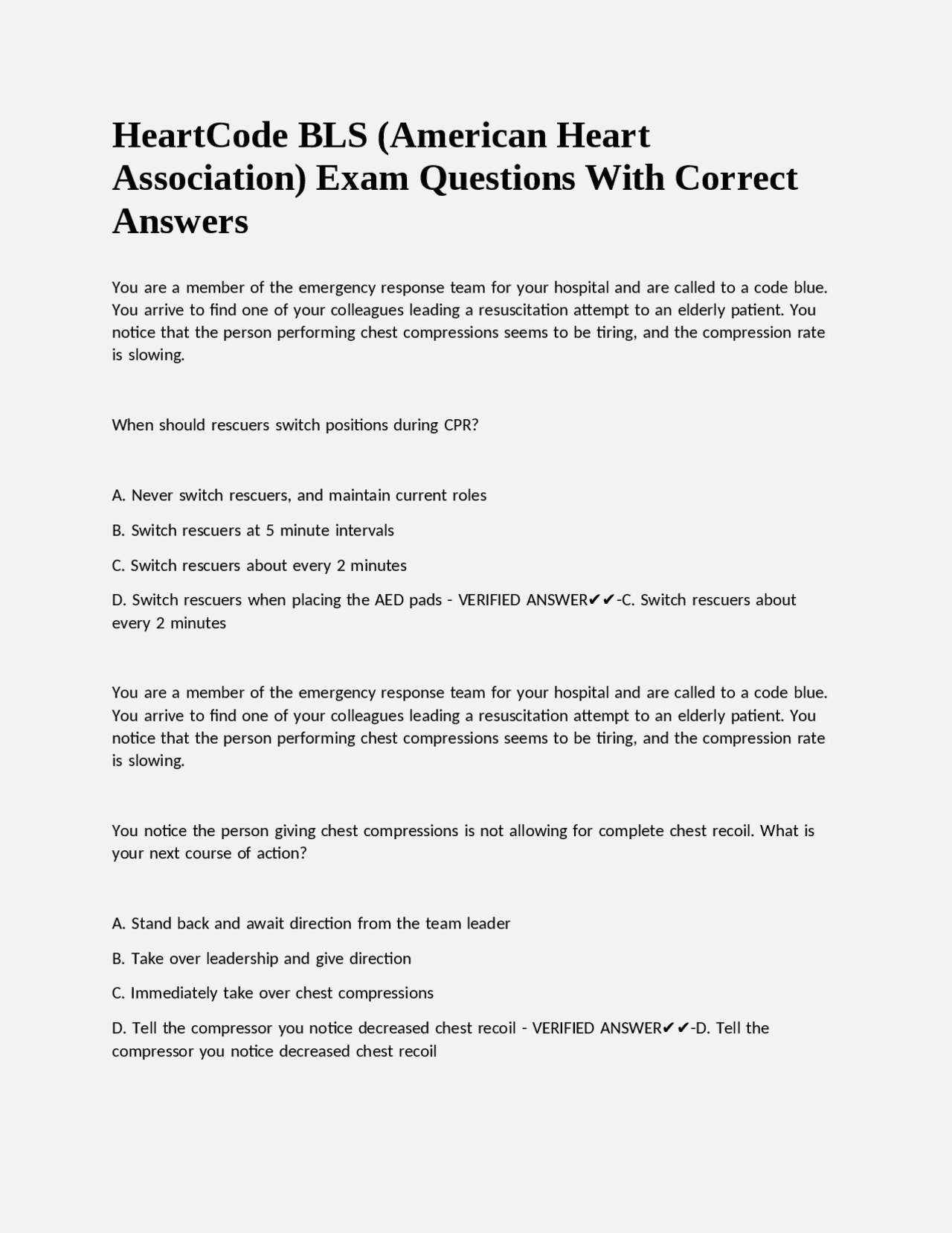 HeartCode BLS (American Heart Association) Exam Questions With Correct ...