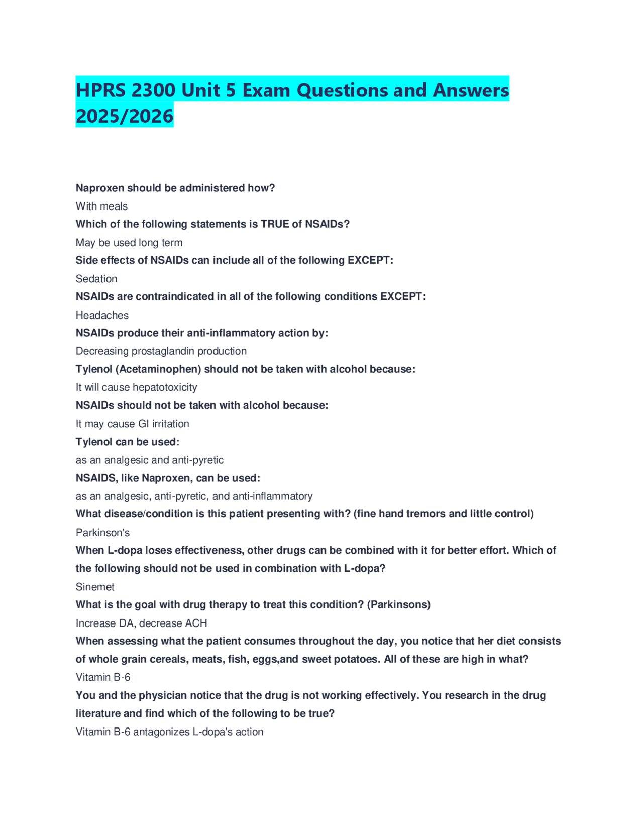 HPRS 2300 Unit 5 Exam Questions and Answers: Pharmacology Review ...