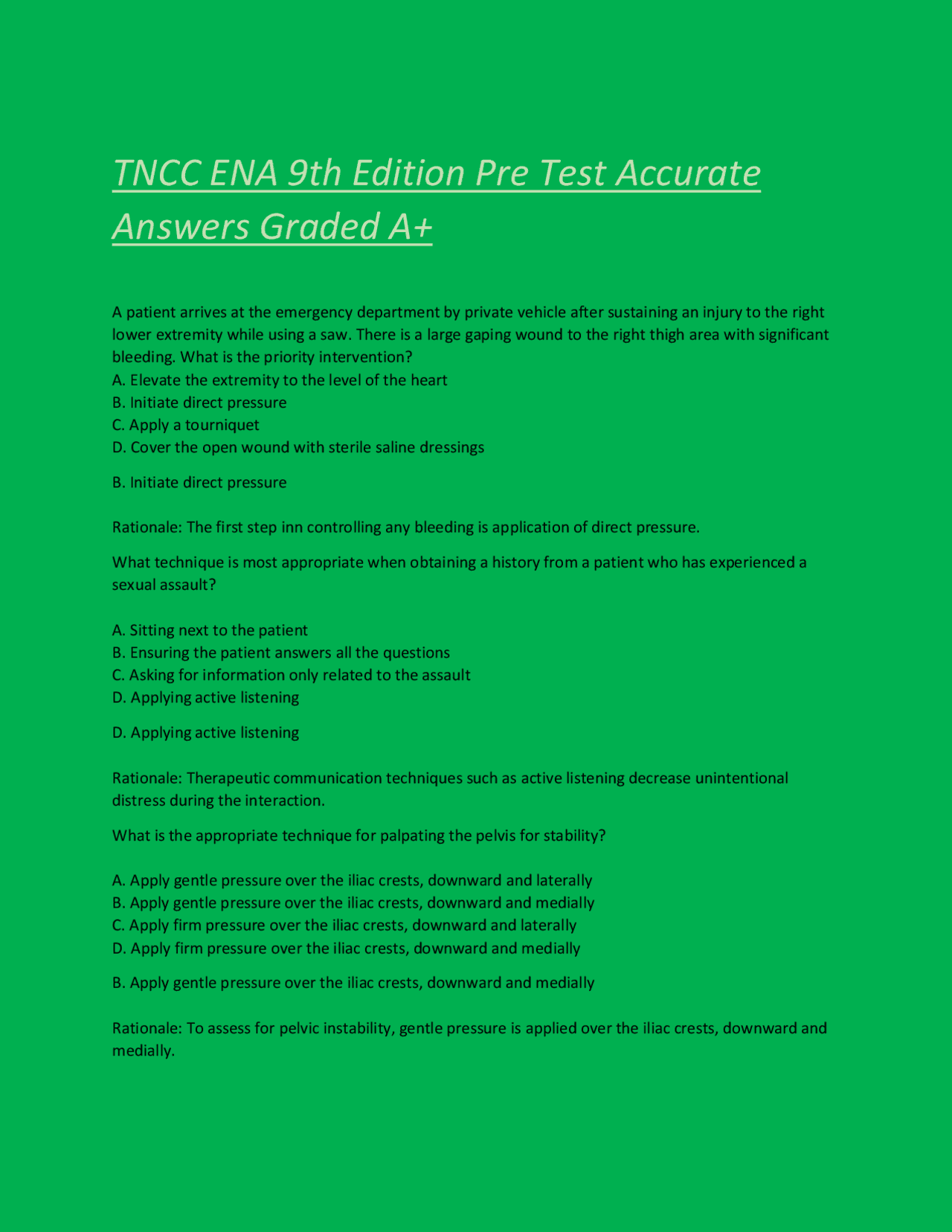 TNCC ENA 9th Edition Pre Test Accurate Answers Graded A+ | Exams ...