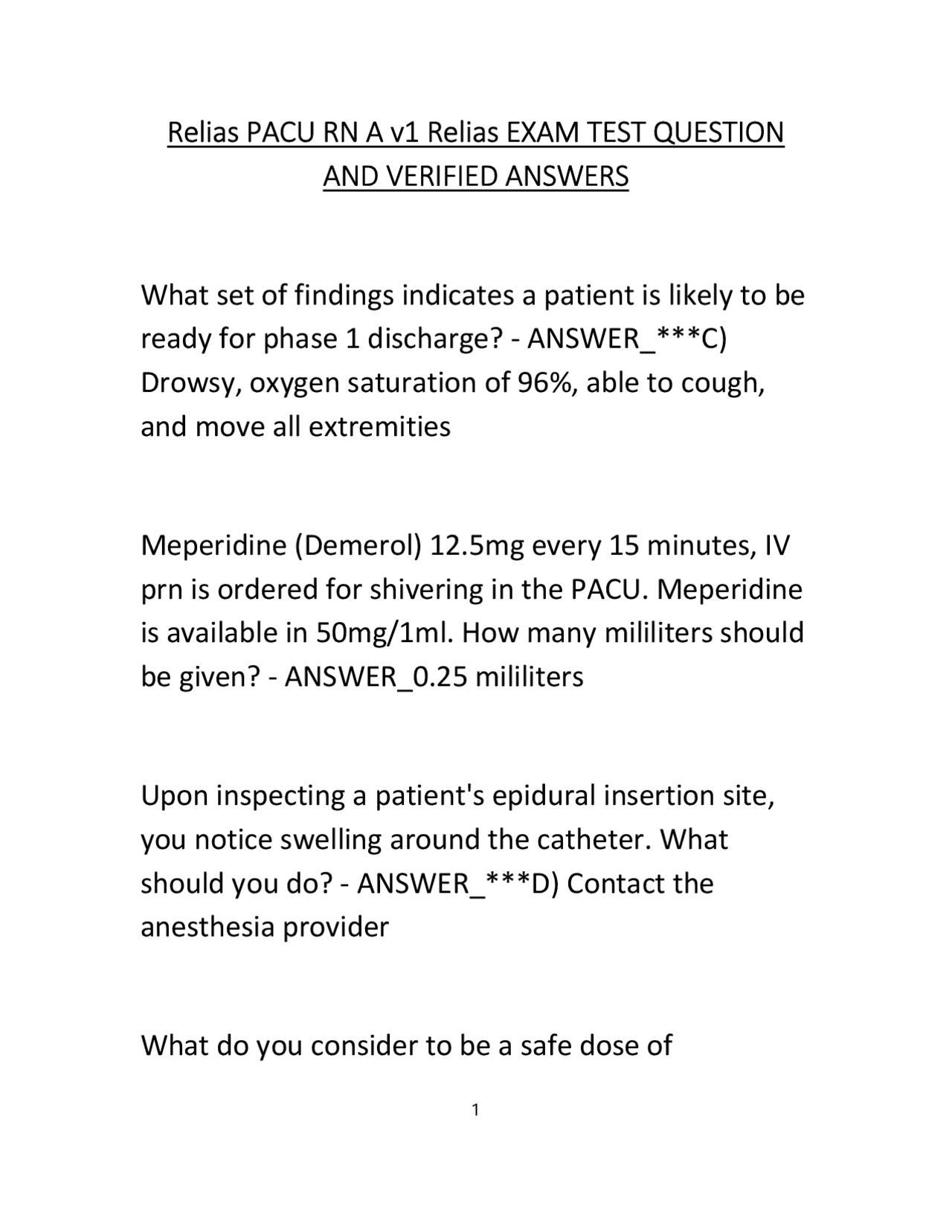 Relias PACU RN A v1 Exam Test Questions and Verified Answers | Exams ...