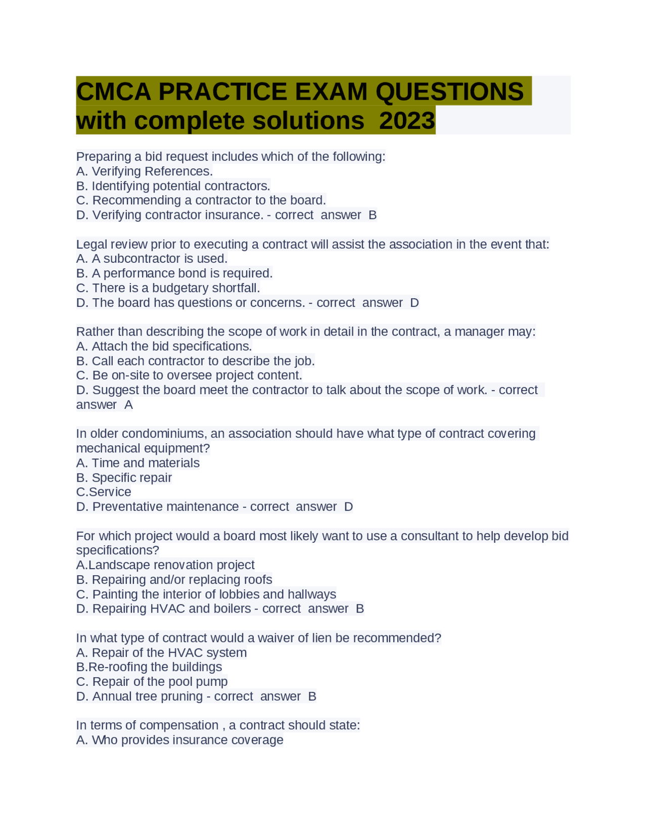 CMCA Practice Exam Questions with Complete Solutions 2023 | Exams ...