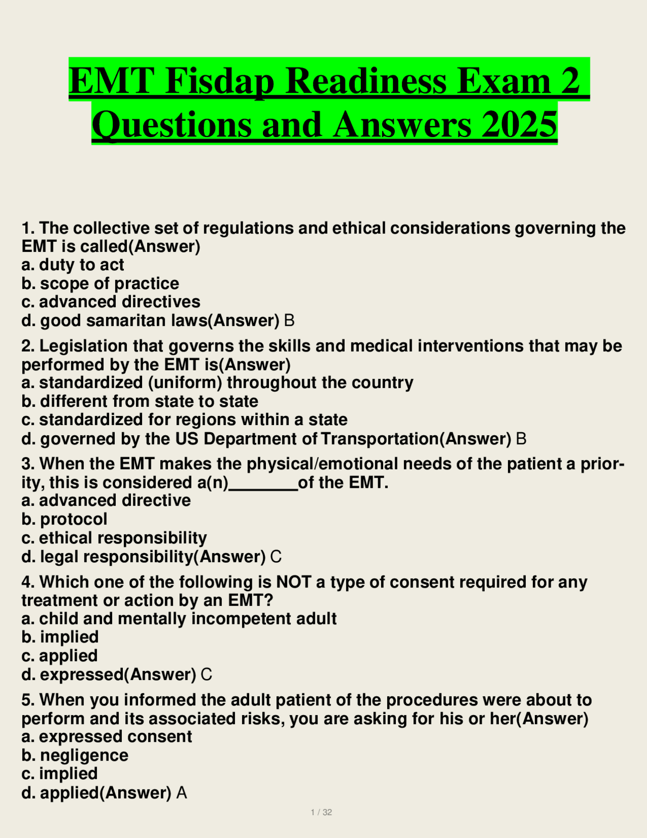 EMT Fisdap Readiness Exam 2: Questions and Answers 2025 | Exams Nursing | Docsity