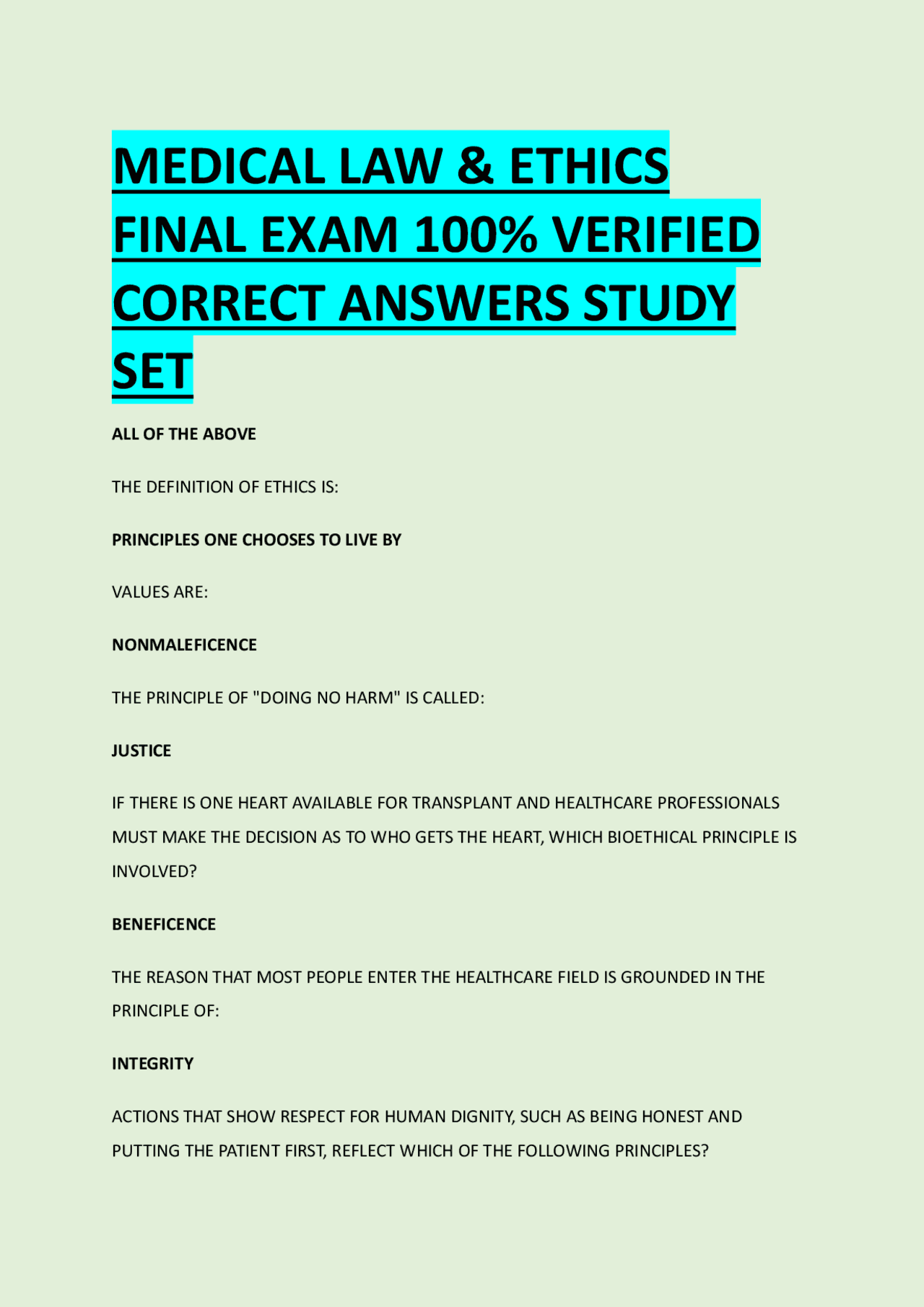MEDICAL LAW & ETHICS FINAL EXAM 100% VERIFIED CORRECT ANSWERS STUDY SET ...