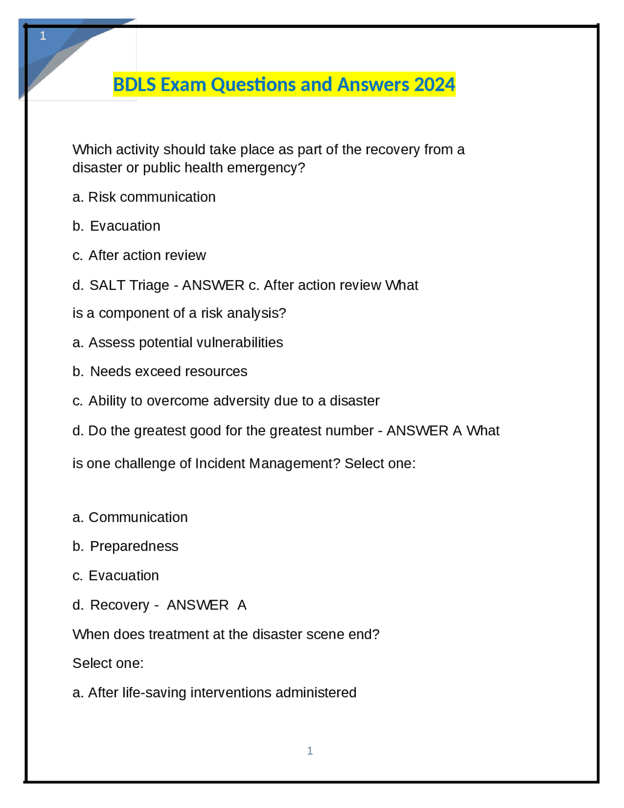 BDLS Exam Questions and Answers 2024: Disaster Preparedness and ...