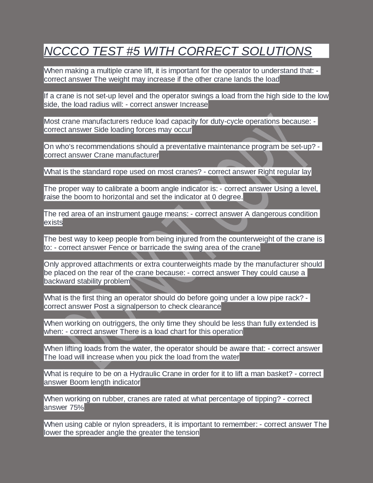 NCCCO TEST #5 WITH CORRECT SOLUTIONS | Exams Engineering | Docsity