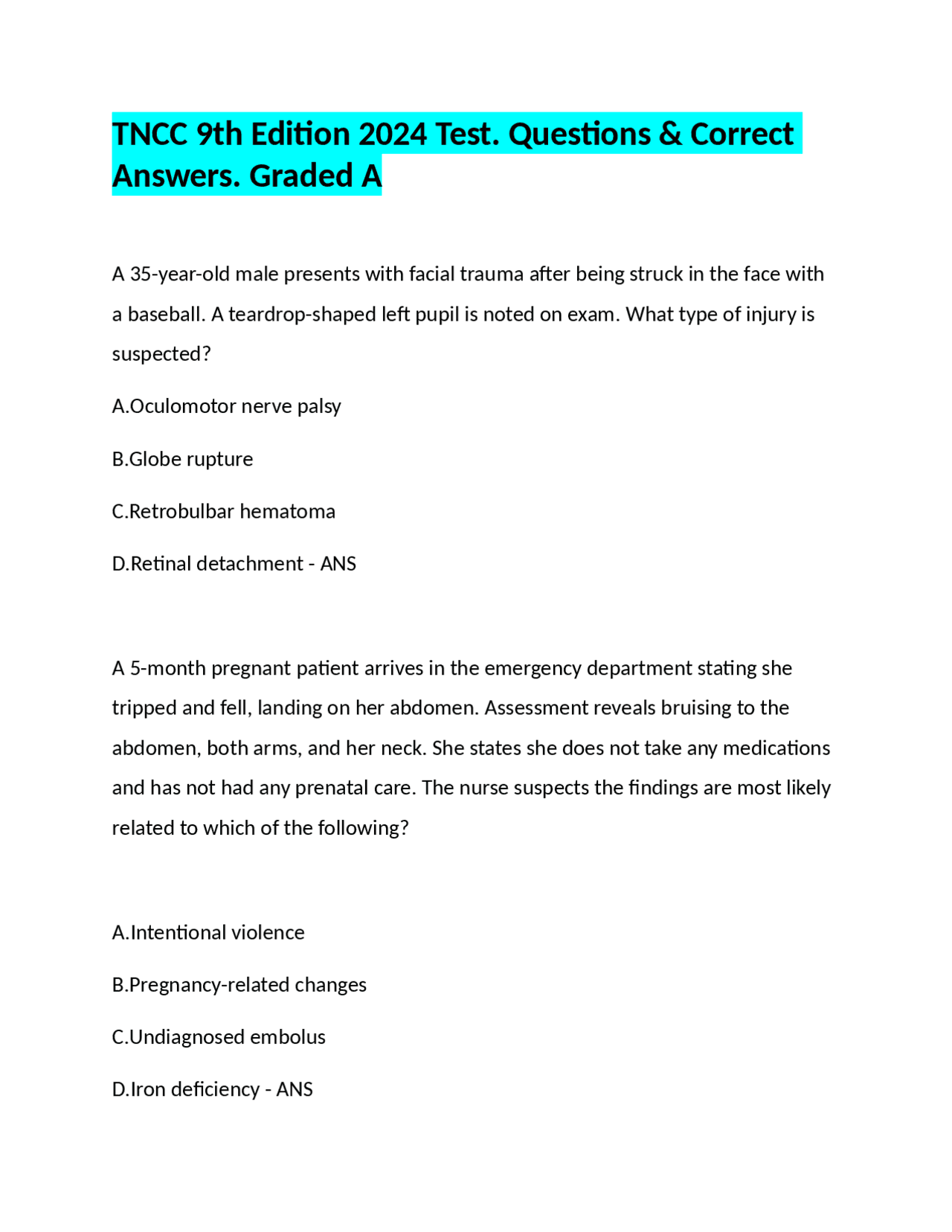 TNCC 9th Edition 2024 Test: Trauma Nursing Core Curriculum Practice ...