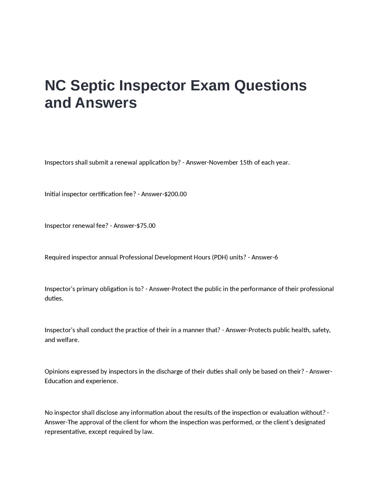 NC Septic Inspector Exam Questions and Answers | Exams Nursing | Docsity