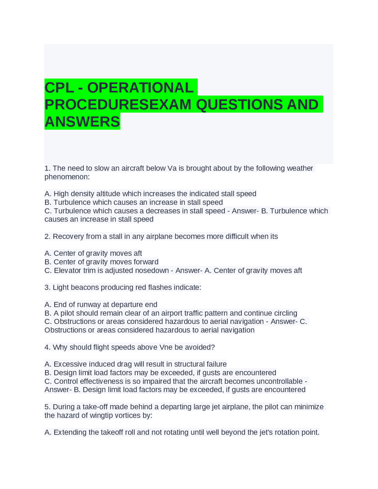 CPL - Operational Procedures Exam Questions and Answers | Exams ...