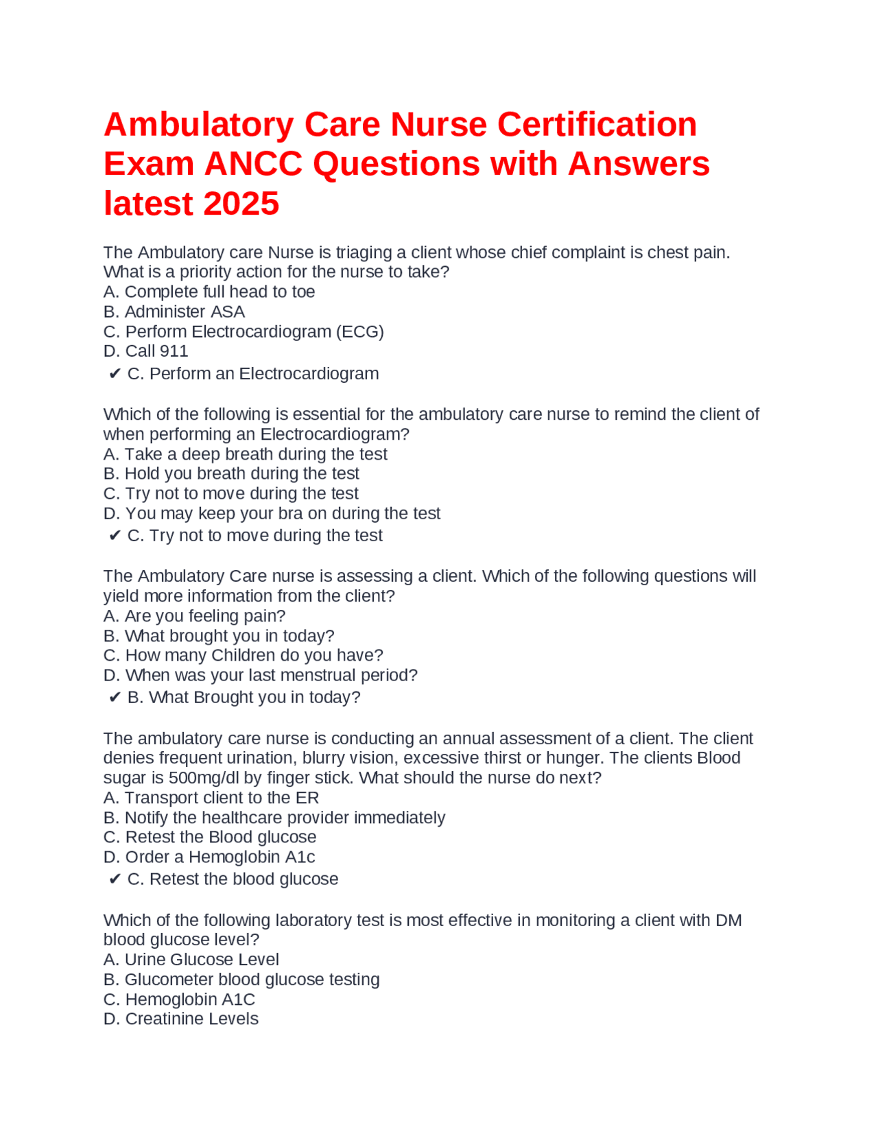 Ambulatory Care Nurse Certification Exam ANCC Questions and Answers ...