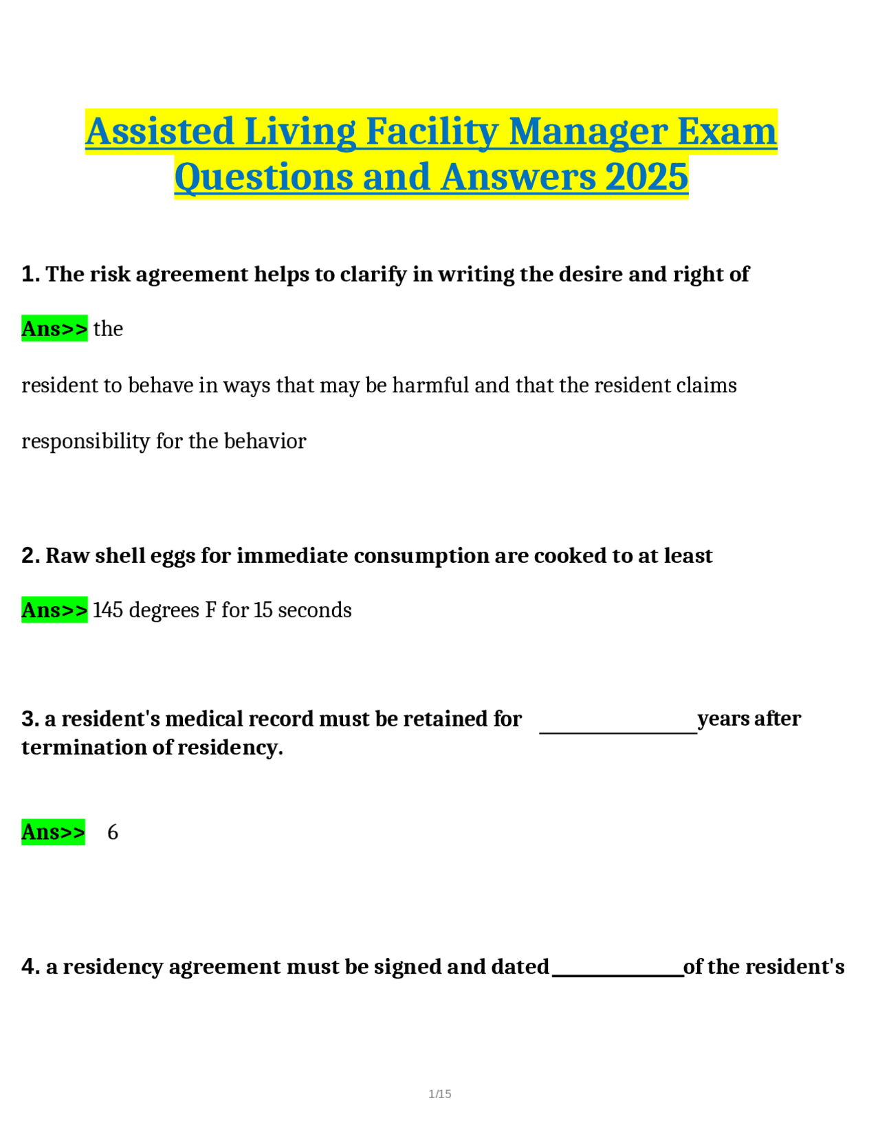 Assisted Living Facility Manager Exam Questions and Answers 2025 | Exams Nursing | Docsity