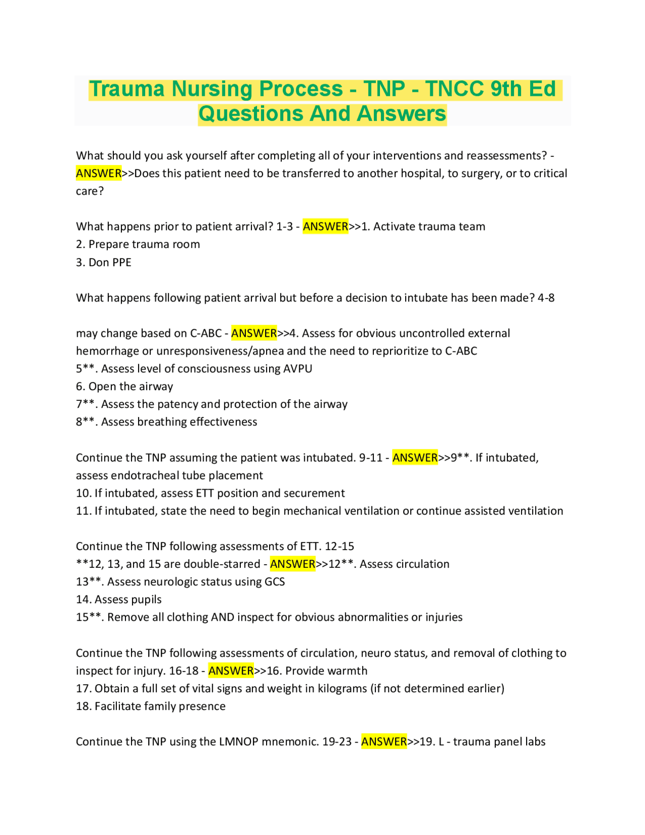 Trauma Nursing Process (TNP) - TNCC 9th Edition: Questions and Answers ...