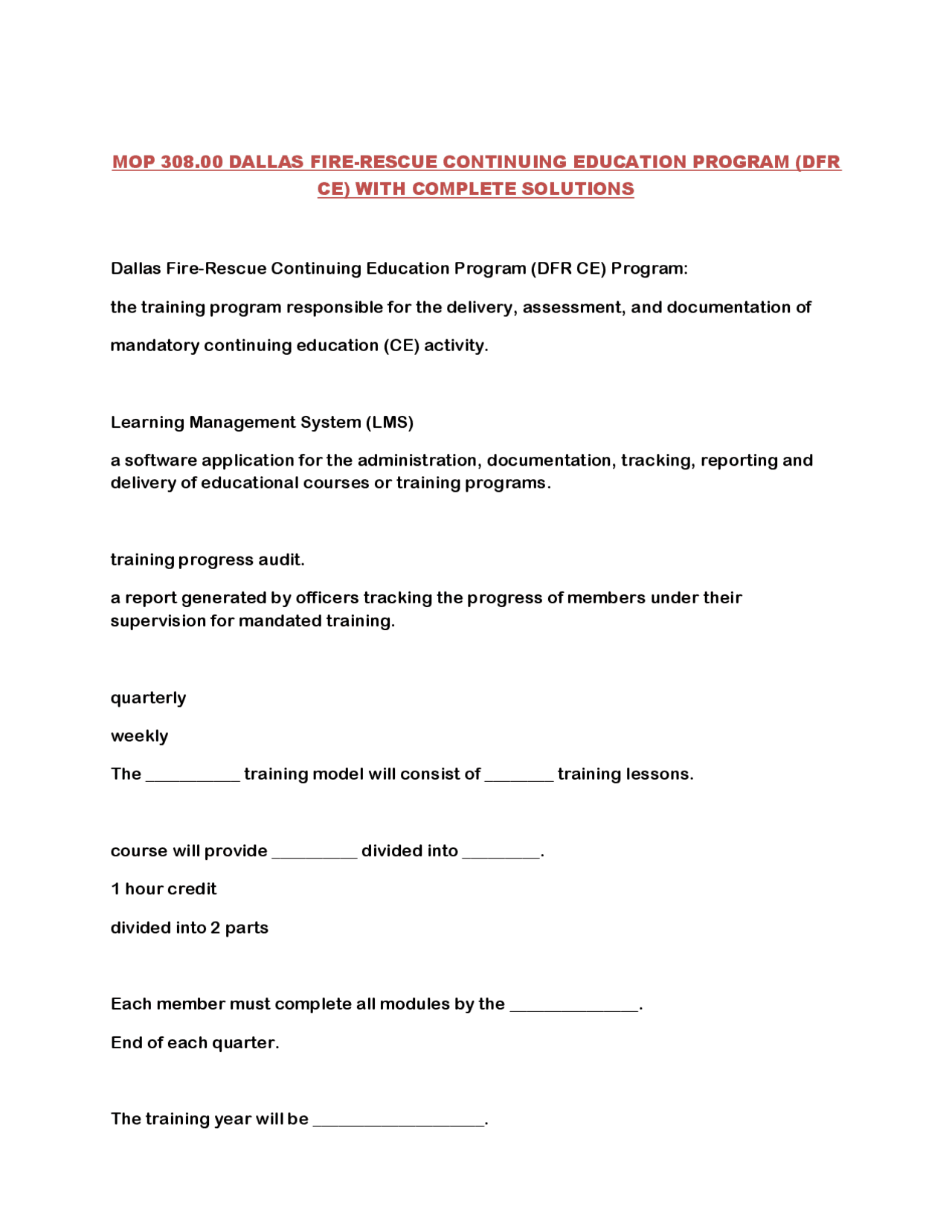 MOP 308.00 DALLAS FIRE-RESCUE CONTINUING EDUCATION PROGRAM (DFR CE) WITH COMPLETE SOLUTION ...