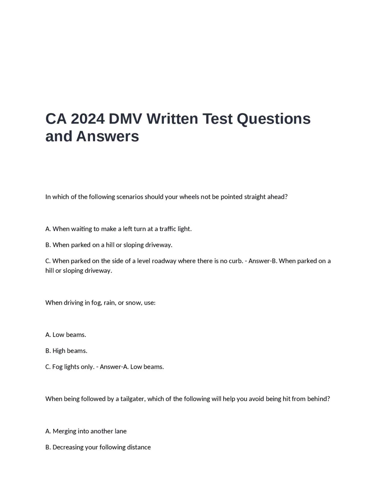CA 2024 DMV Written Test Questions and Answers | Exams Nursing | Docsity