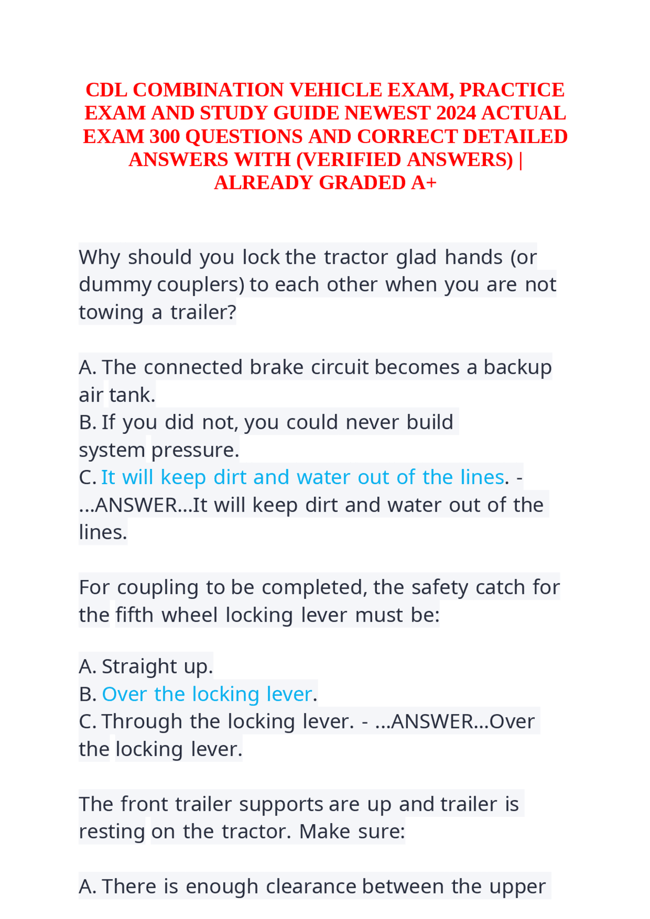 CDL Combination Vehicle Exam Practice: 2024 Study Guide with 300 ...