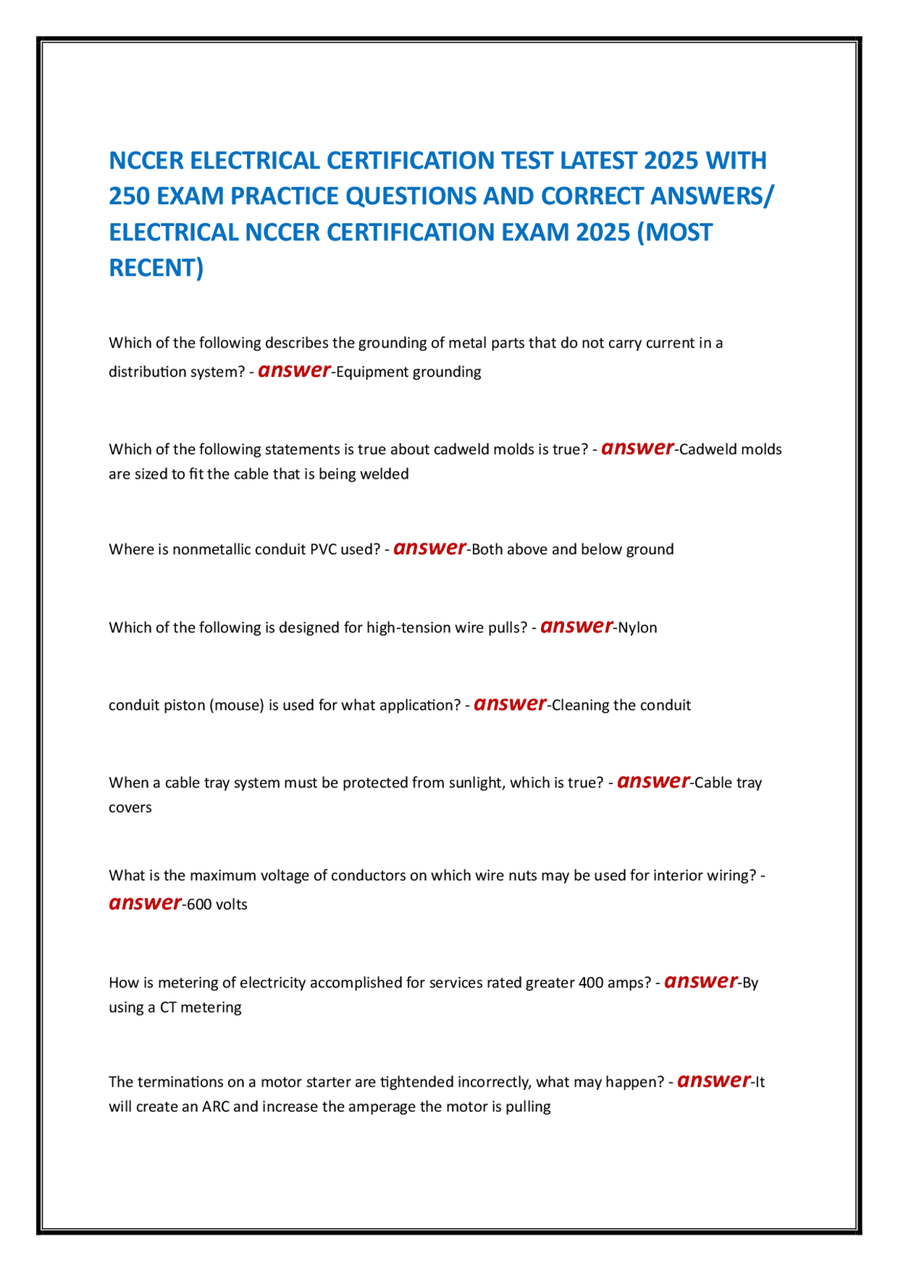 NCCER ELECTRICAL CERTIFICATION TEST LATEST 2025 WITH 250 EXAM PRACTICE ...