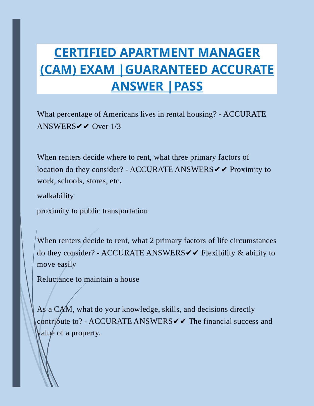 Certified Apartment Manager (CAM) Exam: Practice Questions and Answers ...