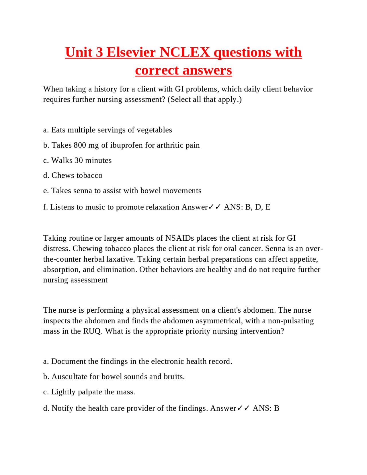 Unit 3 Elsevier NCLEX questions with correct answers | Exams Nursing ...