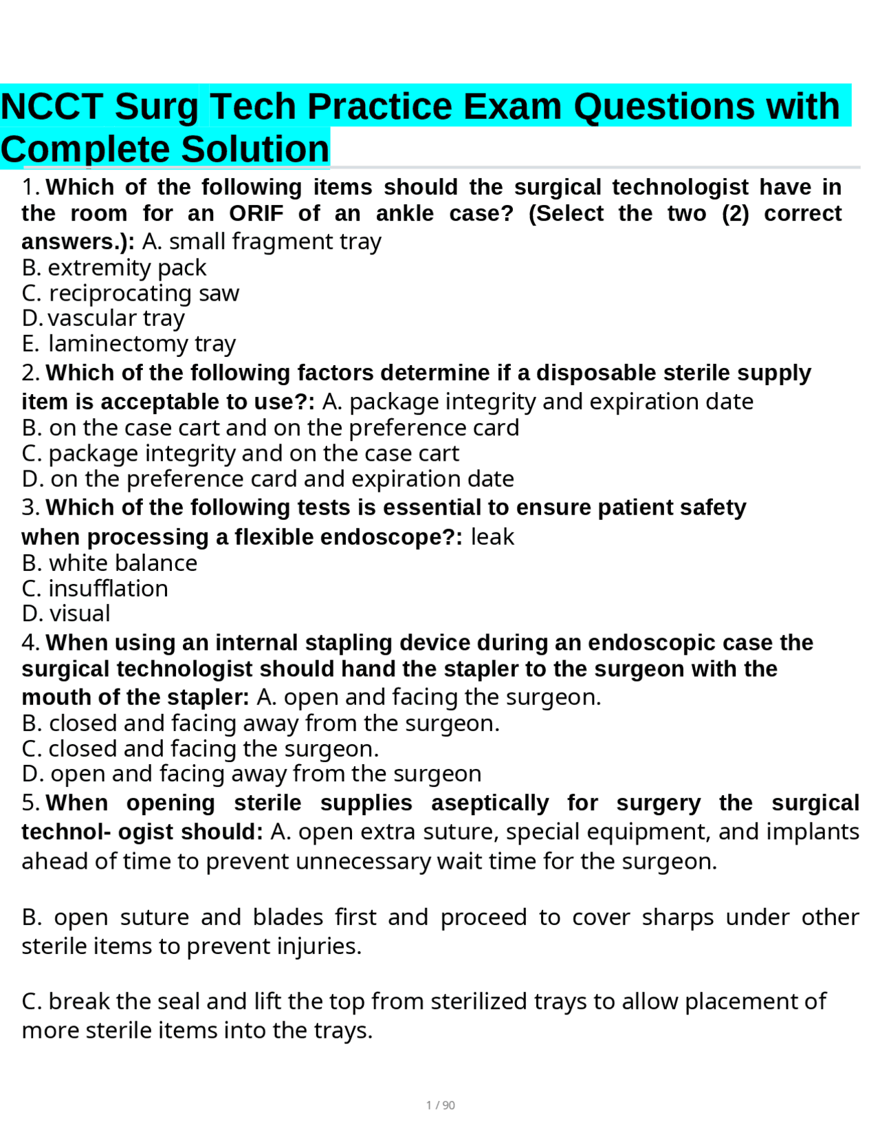 NCCT Surg Tech Practice Exam Questions with Complete Solutions | Exams Nursing | Docsity