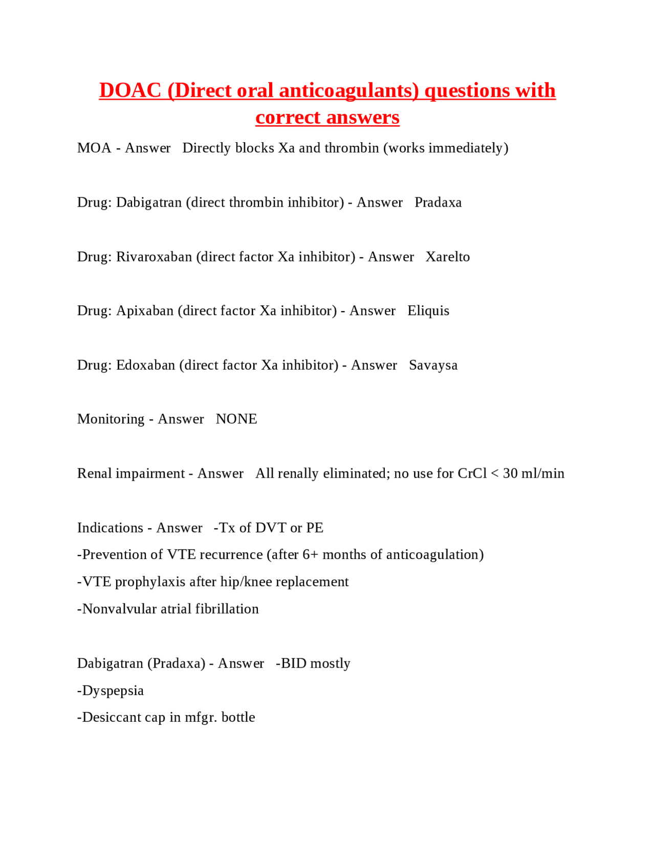 Direct Oral Anticoagulants (DOACs) Questions and Answers | Exams ...