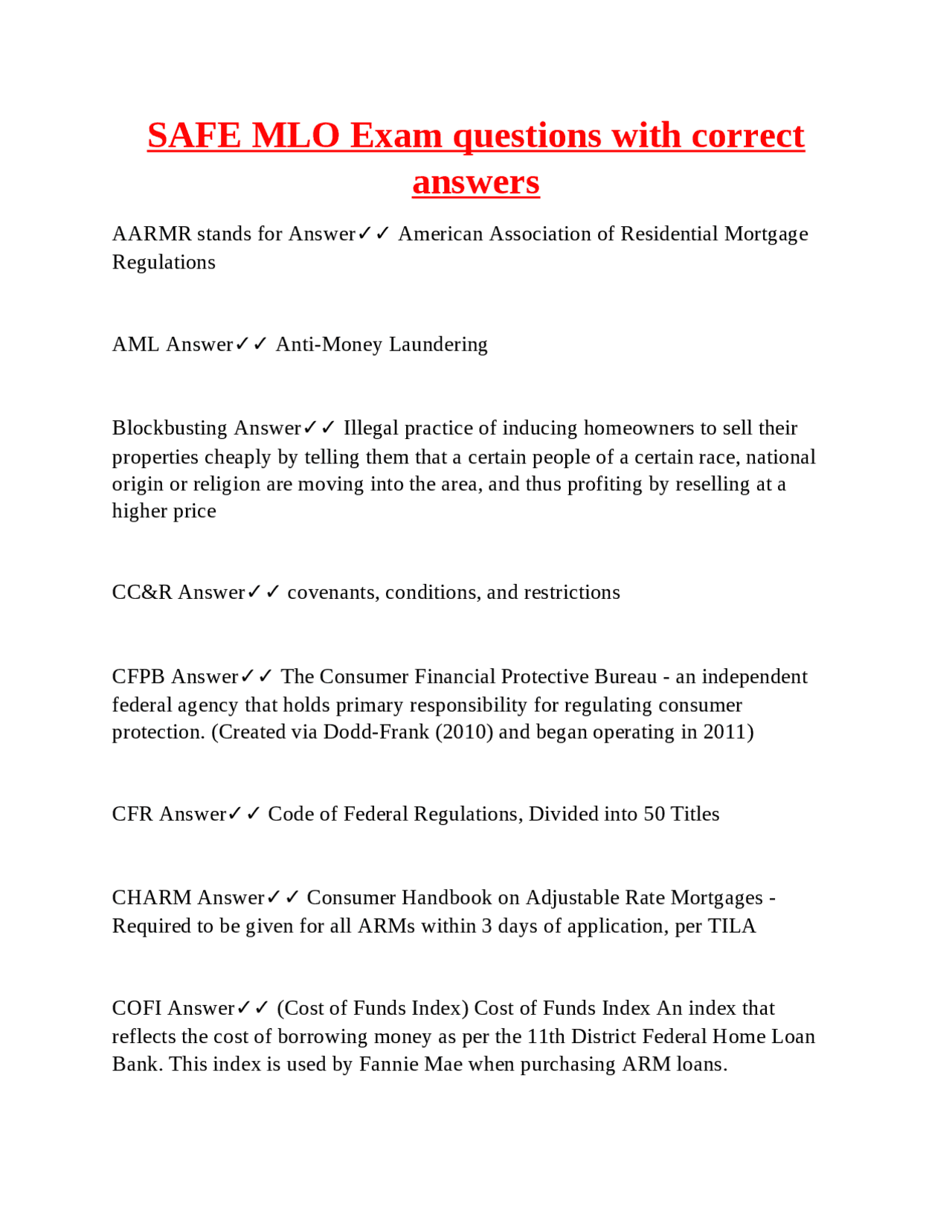 SAFE MLO Exam Prep: Mortgage Lending Terminology & Regulations | Exams Nursing | Docsity