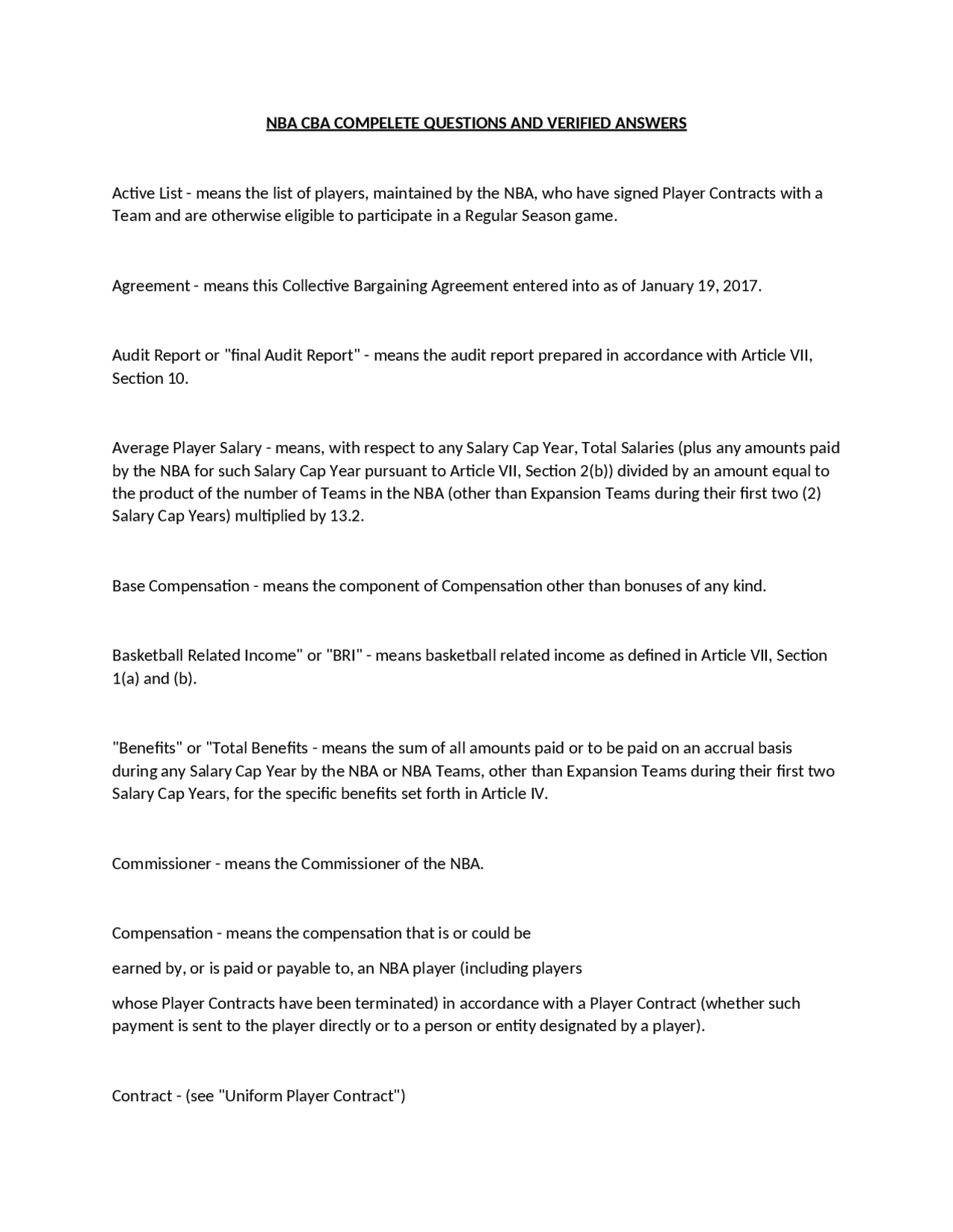 NBA Collective Bargaining Agreement (CBA) Questions and Answers | Exams ...