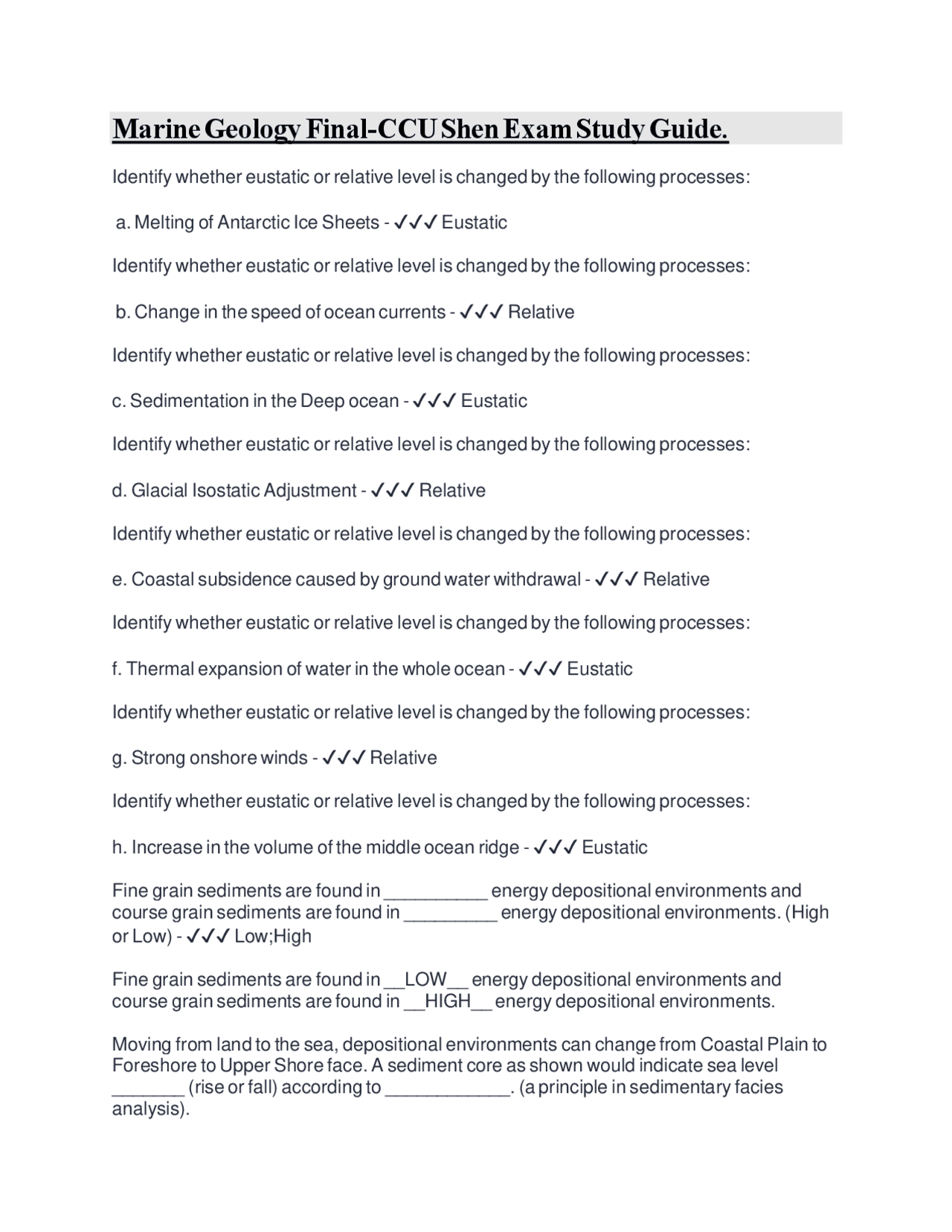 Marine Geology Exam: Sea Level, Sediments, Waves, Tides, and Coasts ...