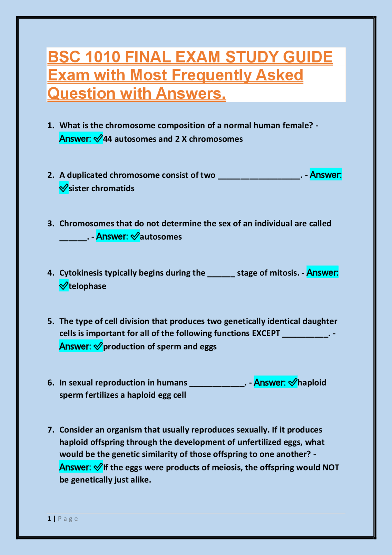 BSC 1010 FINAL EXAM STUDY GUIDE Exam with Most Frequently Asked Question with Answers. | Exams ...