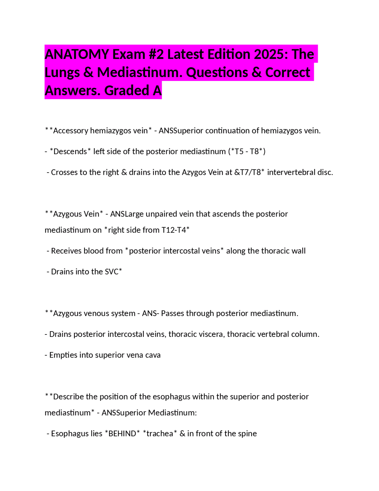 Anatomy Exam #2: Lungs & Mediastinum - Questions & Answers | Exams ...