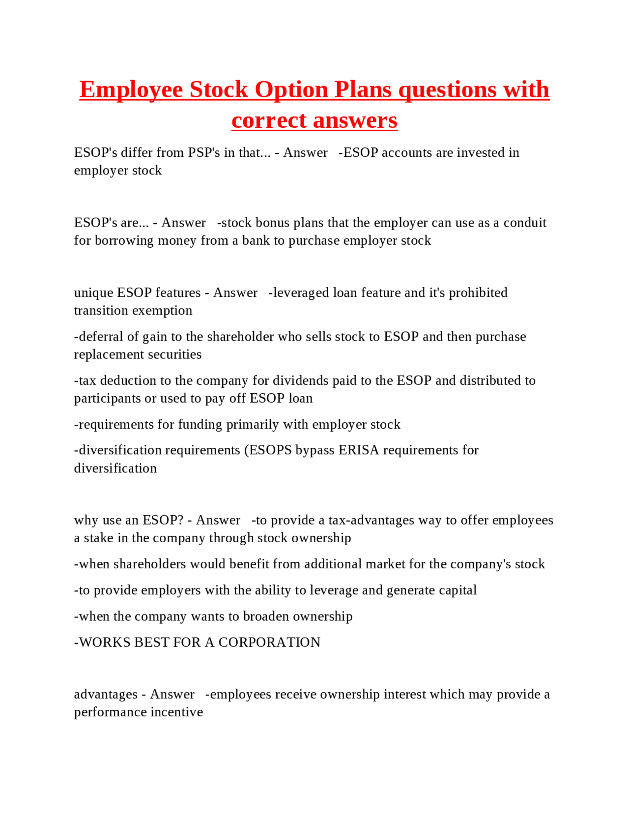 Employee Stock Option Plans (ESOPs): Questions and Answers | Exams ...