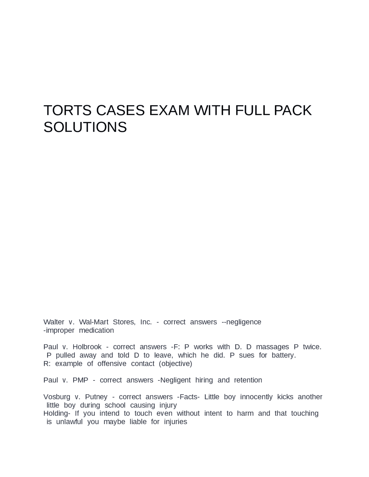 Torts Cases Exam with Full Pack Solutions | Exams Nursing | Docsity