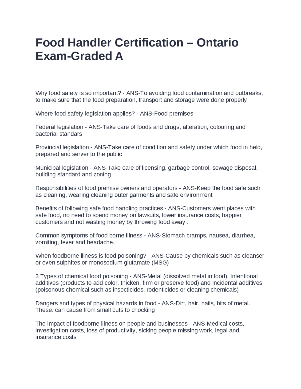 Food Handler Certification – Ontario Exam-Graded A | Exams Nursing ...