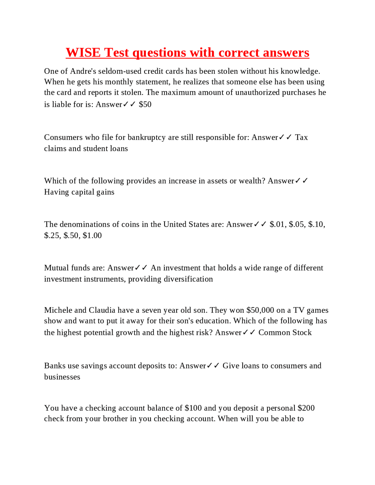 Financial Literacy: Multiple Choice Questions and Answers | Exams ...