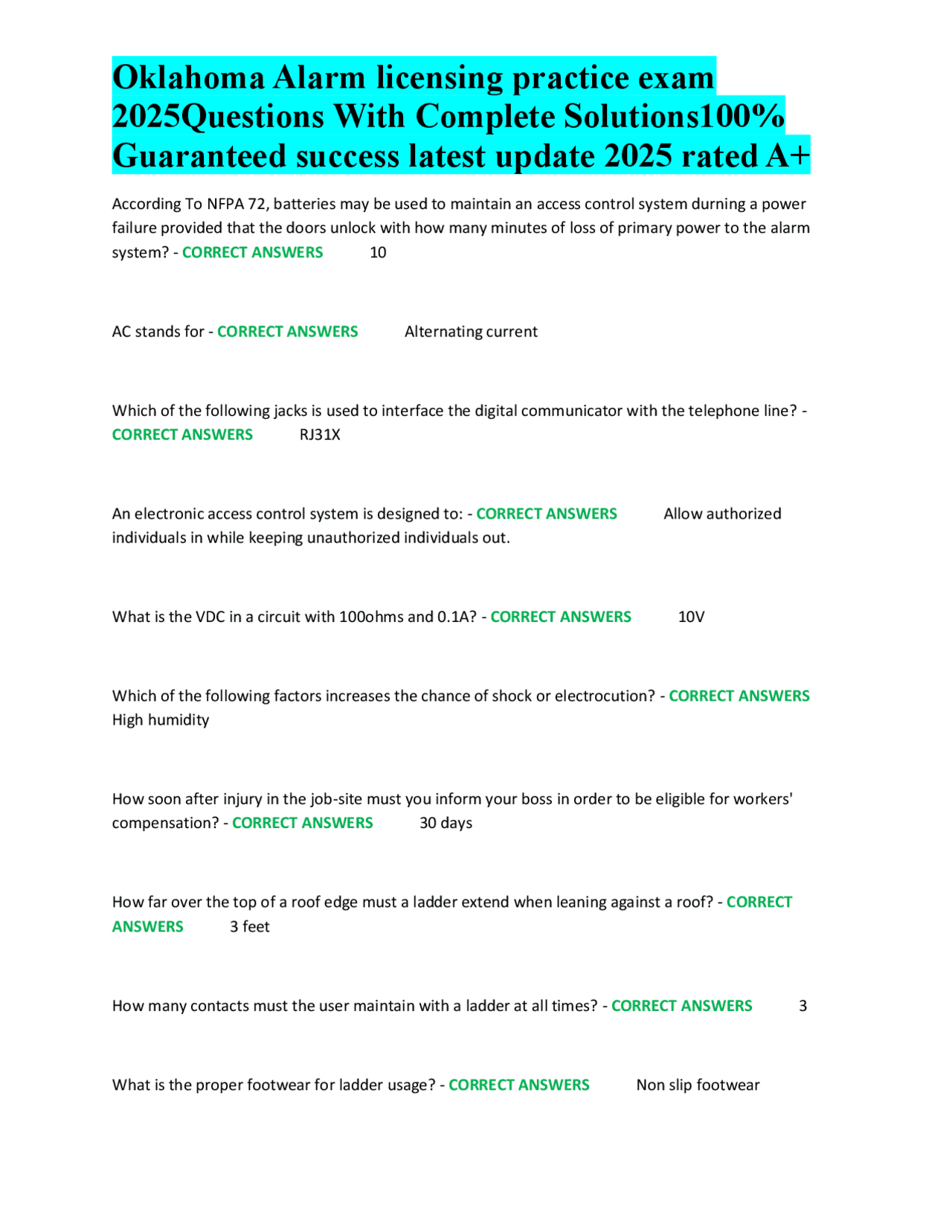 Oklahoma Alarm licensing practice exam 2025Questions With Complete ...