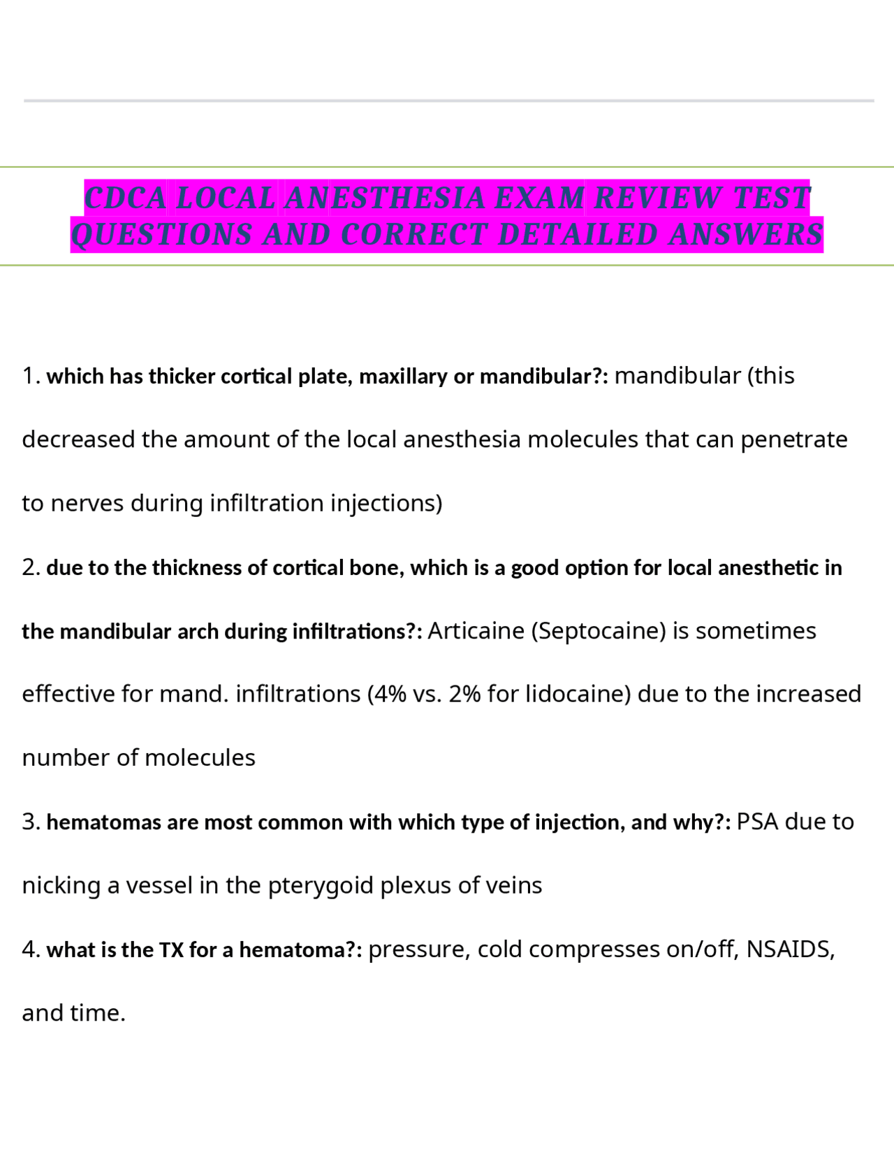 Local Anesthesia Exam Review: Questions and Answers for Dental Students ...
