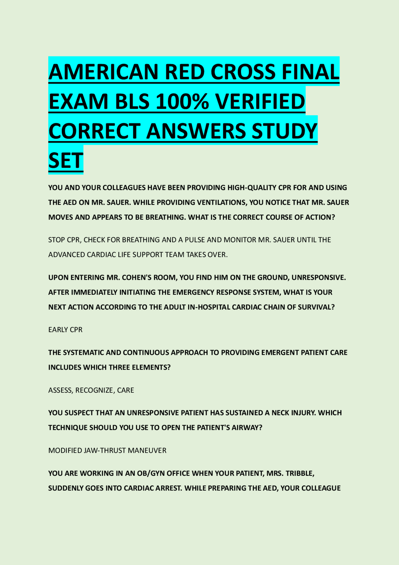 AMERICAN RED CROSS FINAL EXAM BLS 100% VERIFIED CORRECT ANSWERS STUDY ...