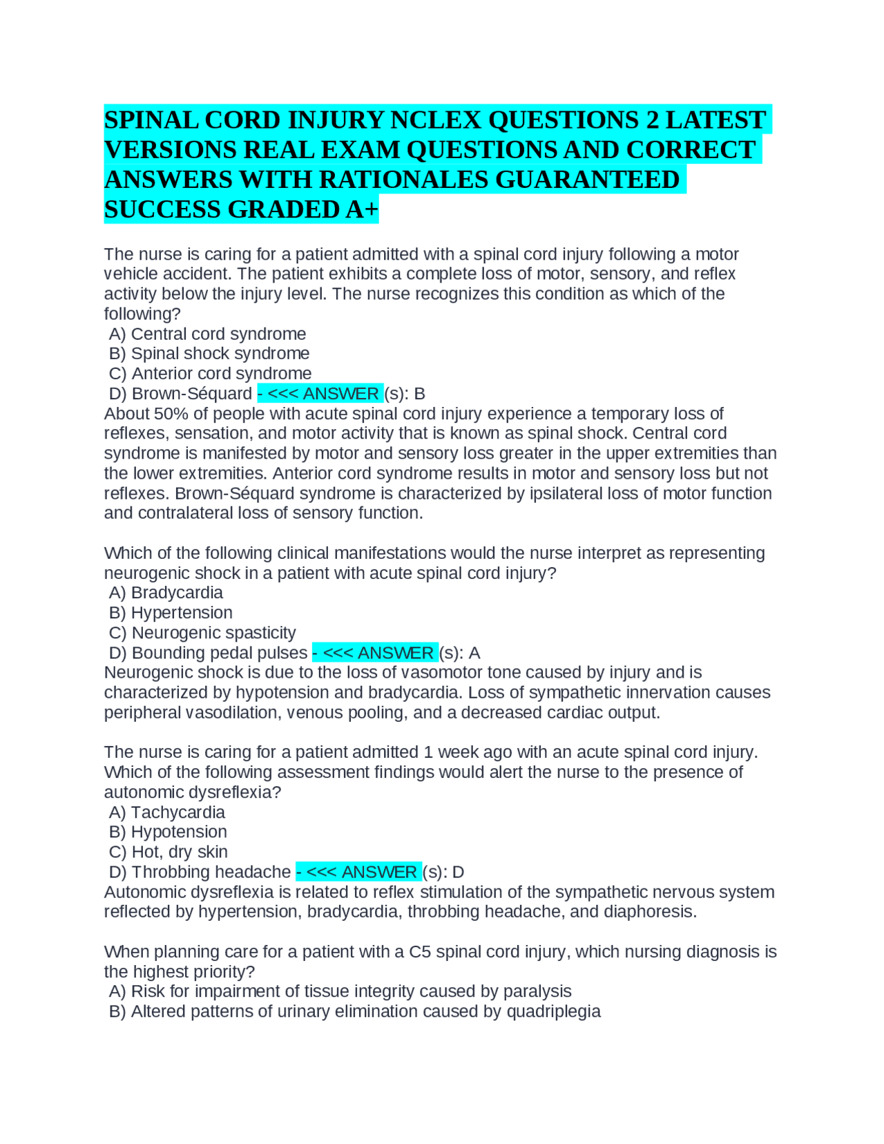 NCLEX Questions: Spinal Cord Injury | Exams Nursing | Docsity