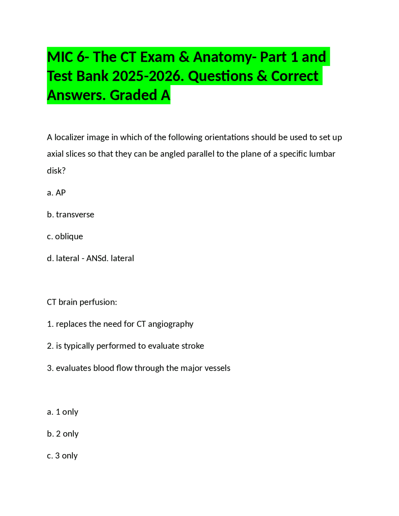 CT Exam & Anatomy: Part 1 - Test Bank 2025-2026 | Exams Medical imaging ...