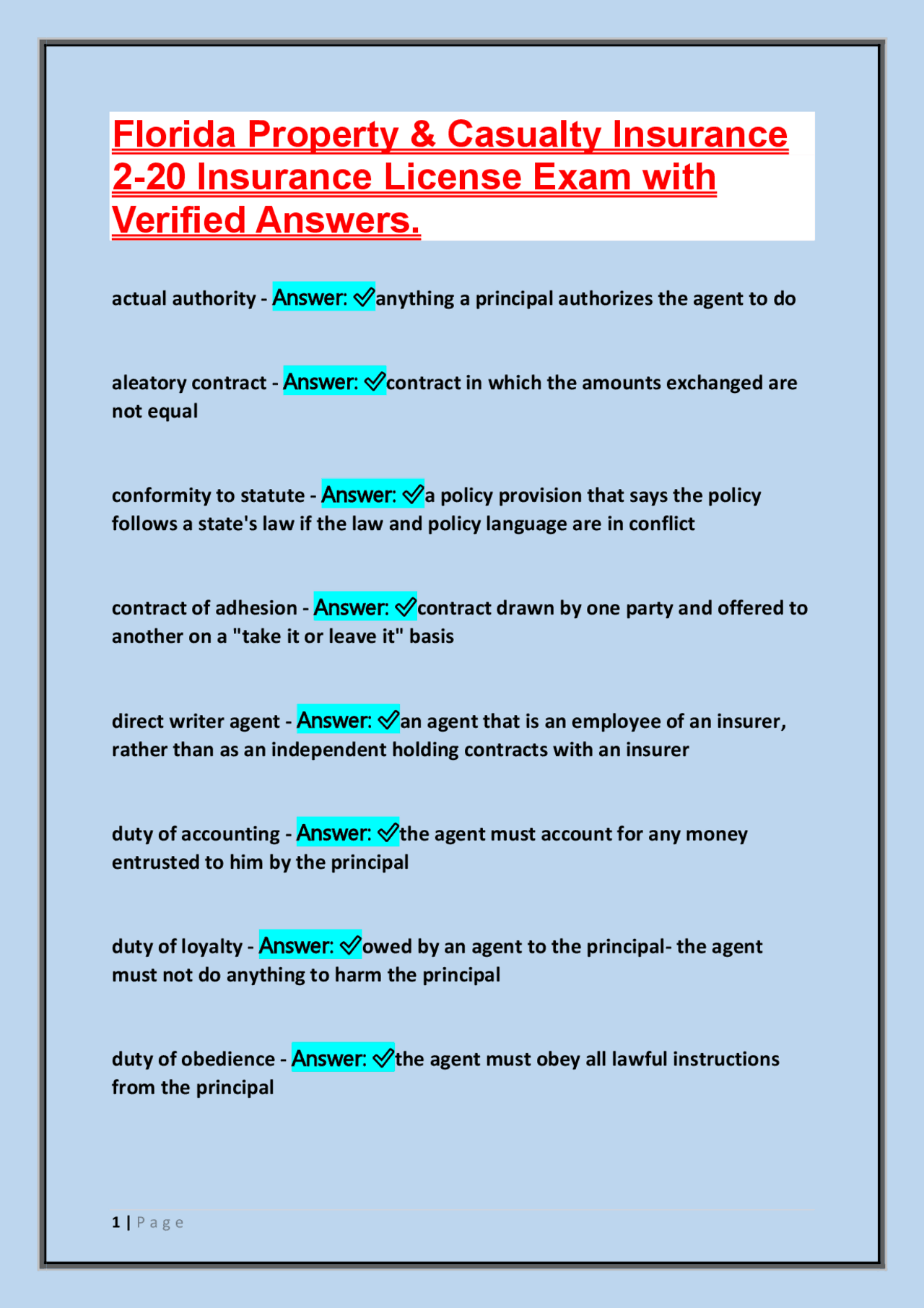 Florida Property & Casualty Insurance 2-20 Insurance License Exam with ...