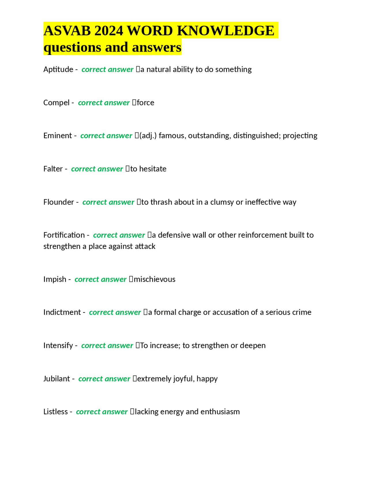 ASVAB 2024 Word Knowledge: Vocabulary Exercises and Definitions | Exams ...